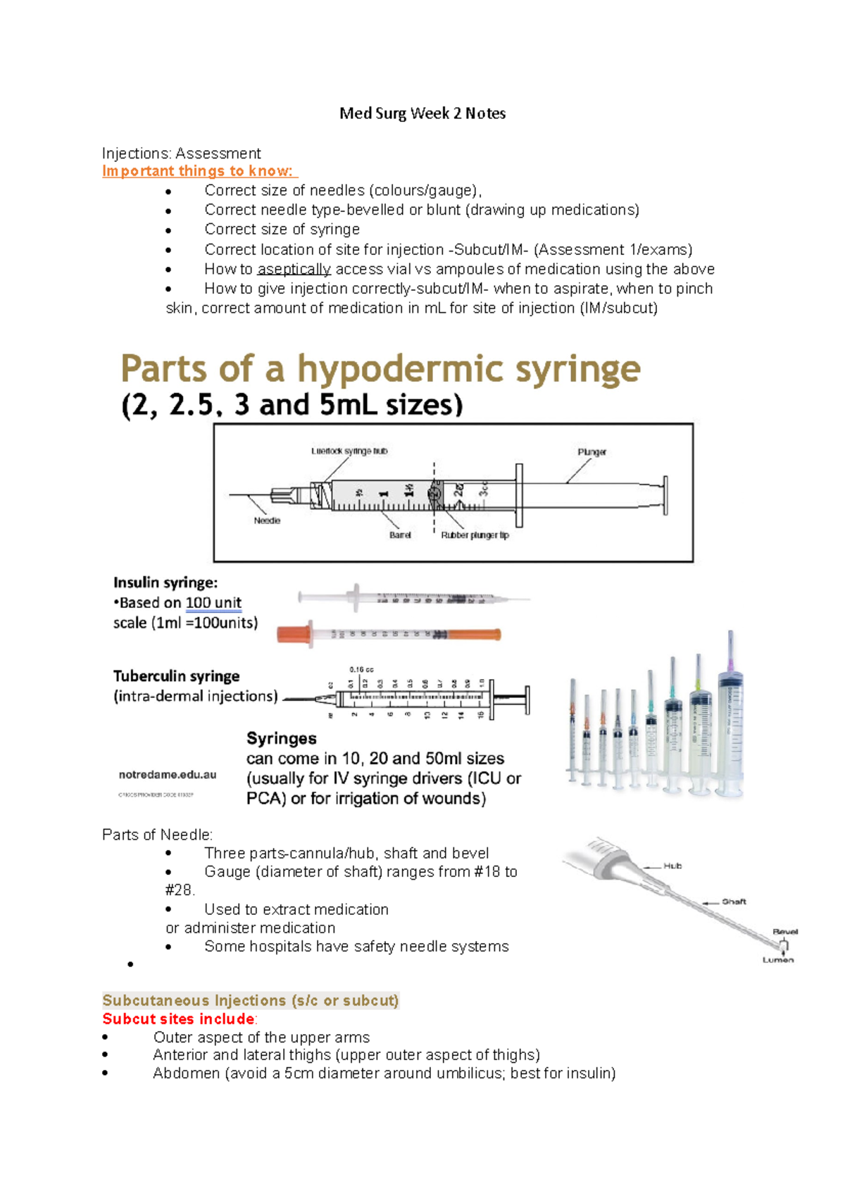 Med Surg Week 2 Notes - week 2 - Med Surg Week 2 Notes Injections ...