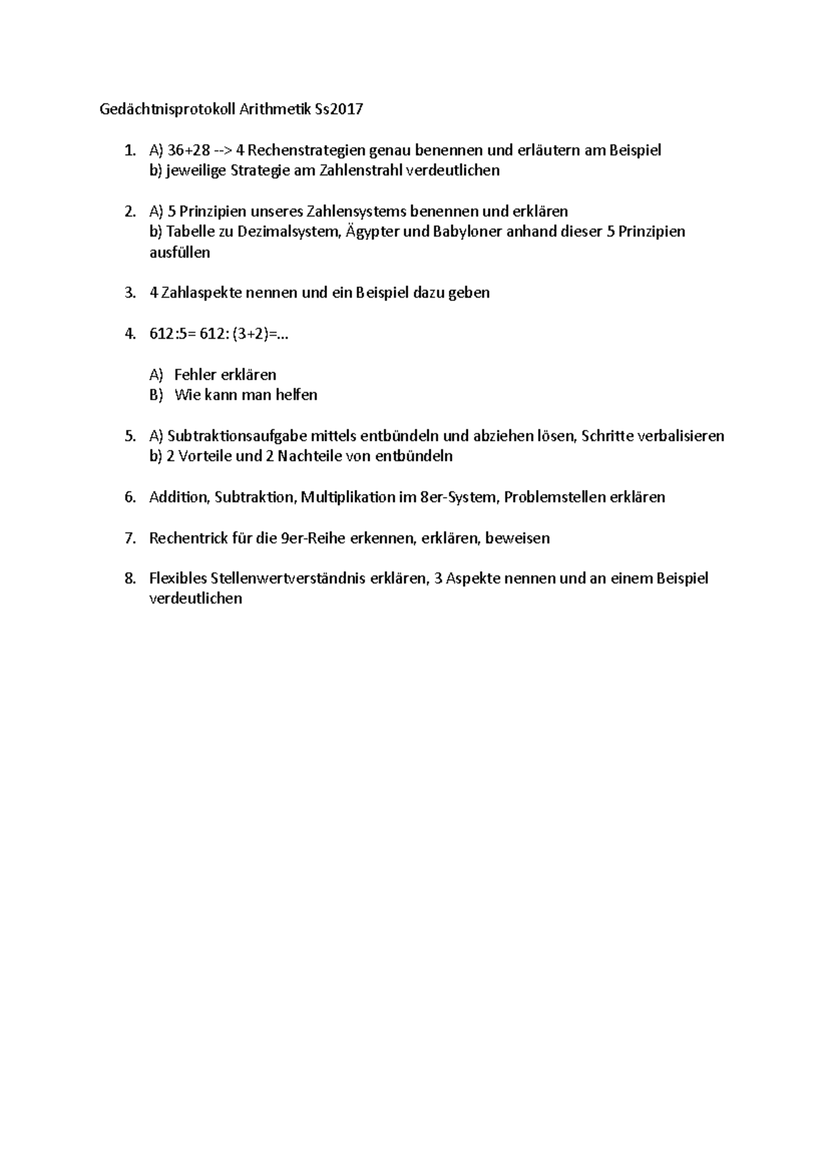 Klausur Sommersemester 2017, Fragen - Gedächtnisprotokoll Arithmetik Ss 1. A) 36+28 -> 4 - Studocu