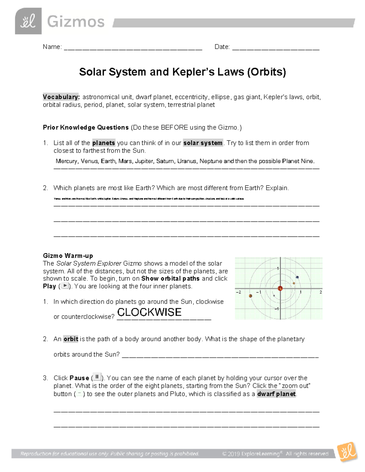Solar System and Orbits - Gizmo Activity - Name ...