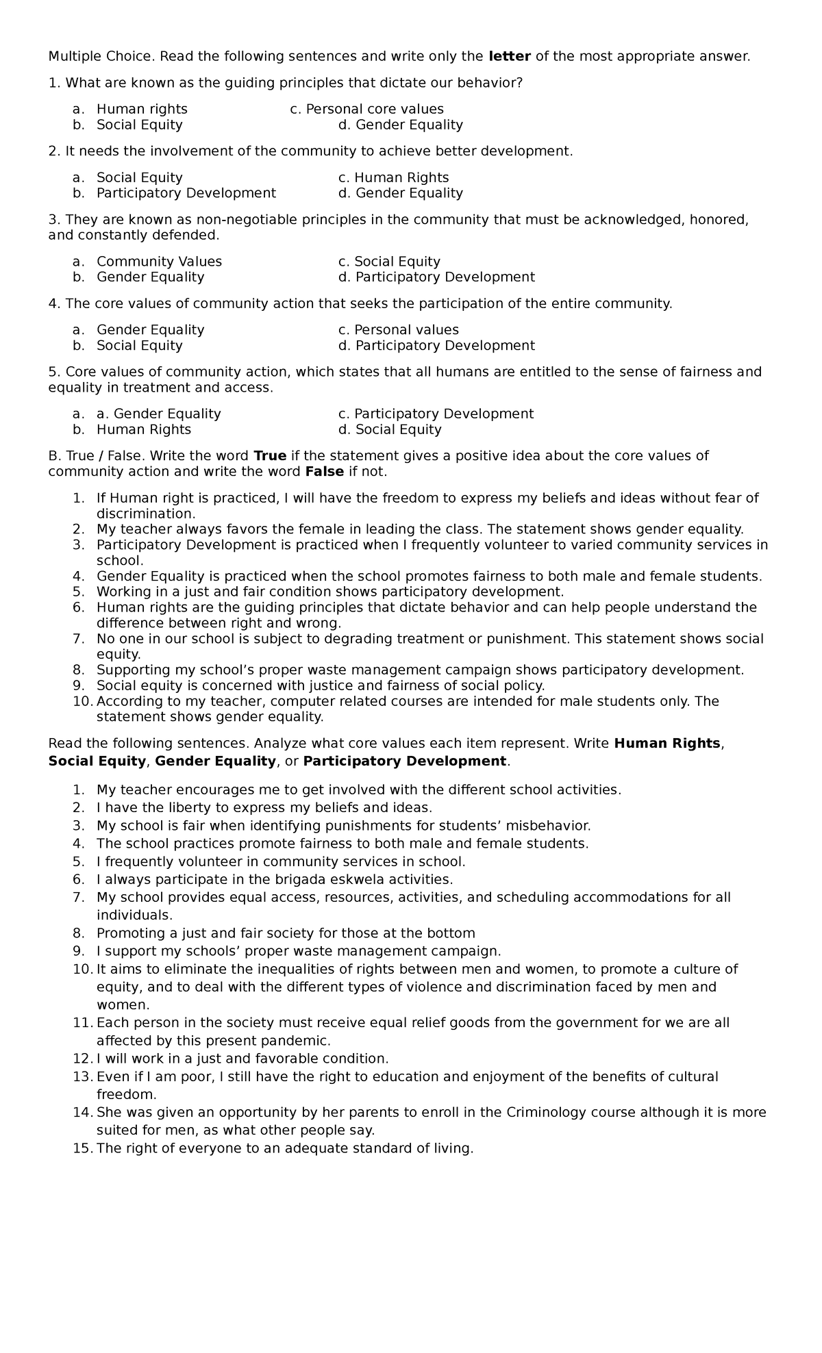 CESC Quiz 1 - Multiple Choice. Read the following sentences and write ...