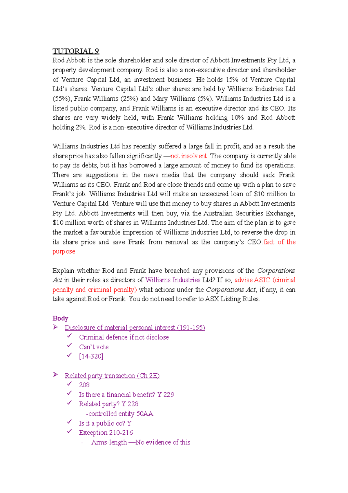 Tutorial 9 - TUTORIAL 9 Rod Abbott is the sole shareholder and sole ...