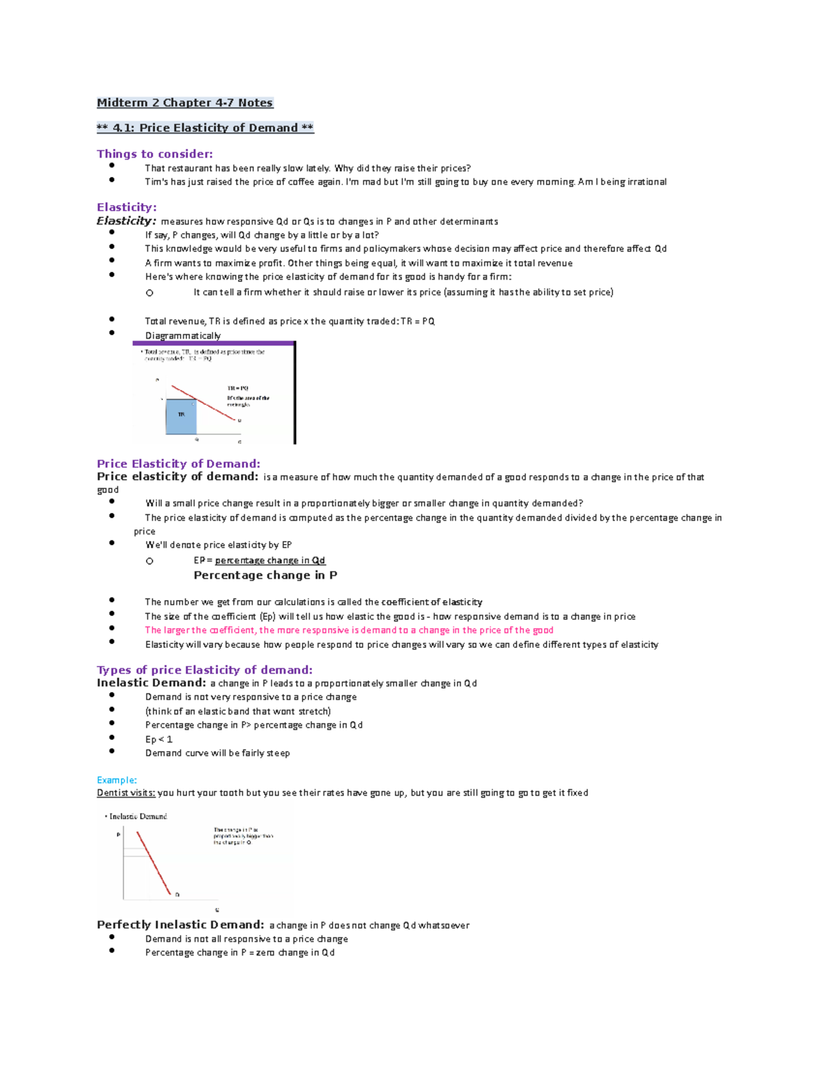 Midterm 2 notes - Midterm 2 Chapter 4-7 Notes ** 4: Price Elasticity of ...