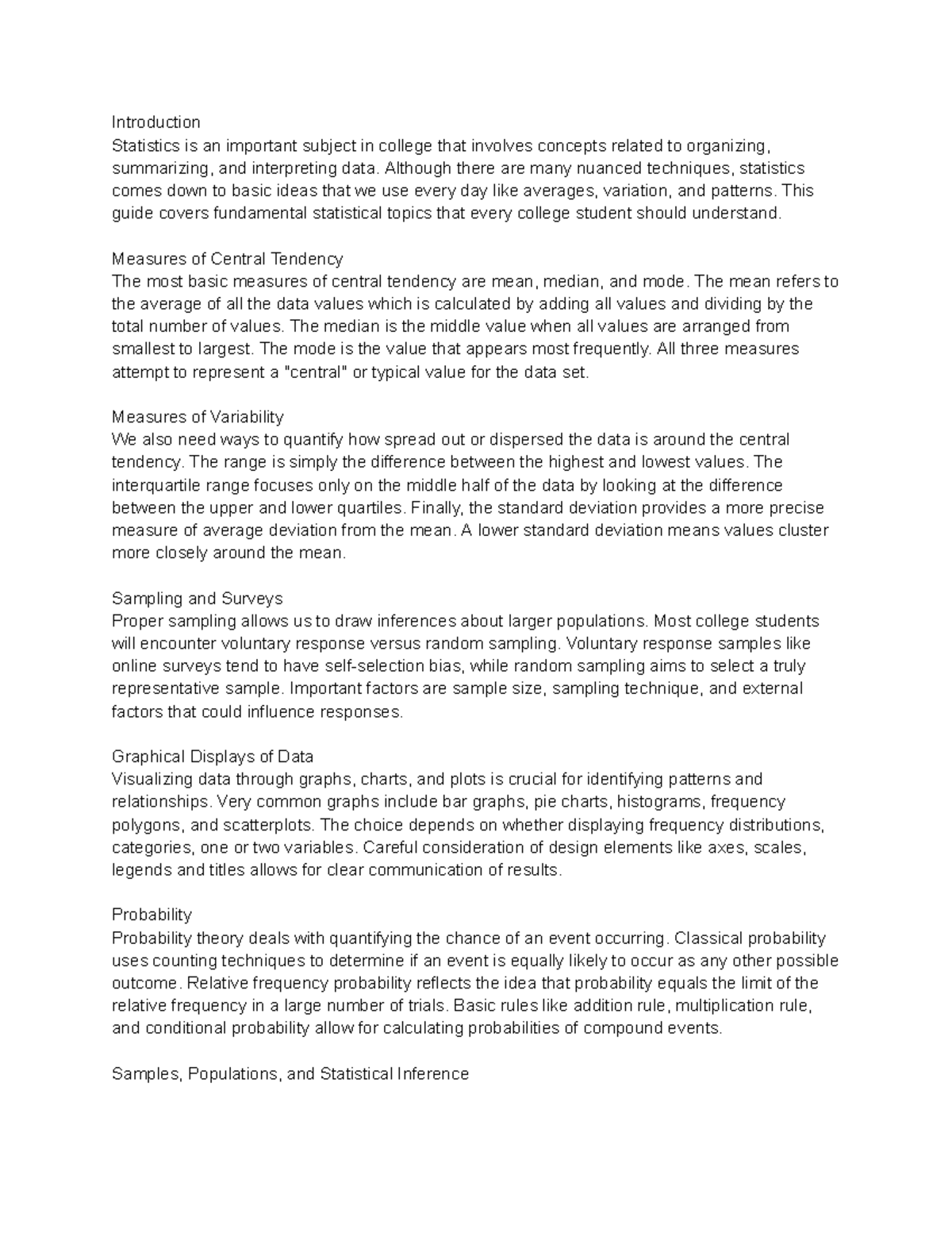 Stat notes - Introduction Statistics is an important subject in college ...