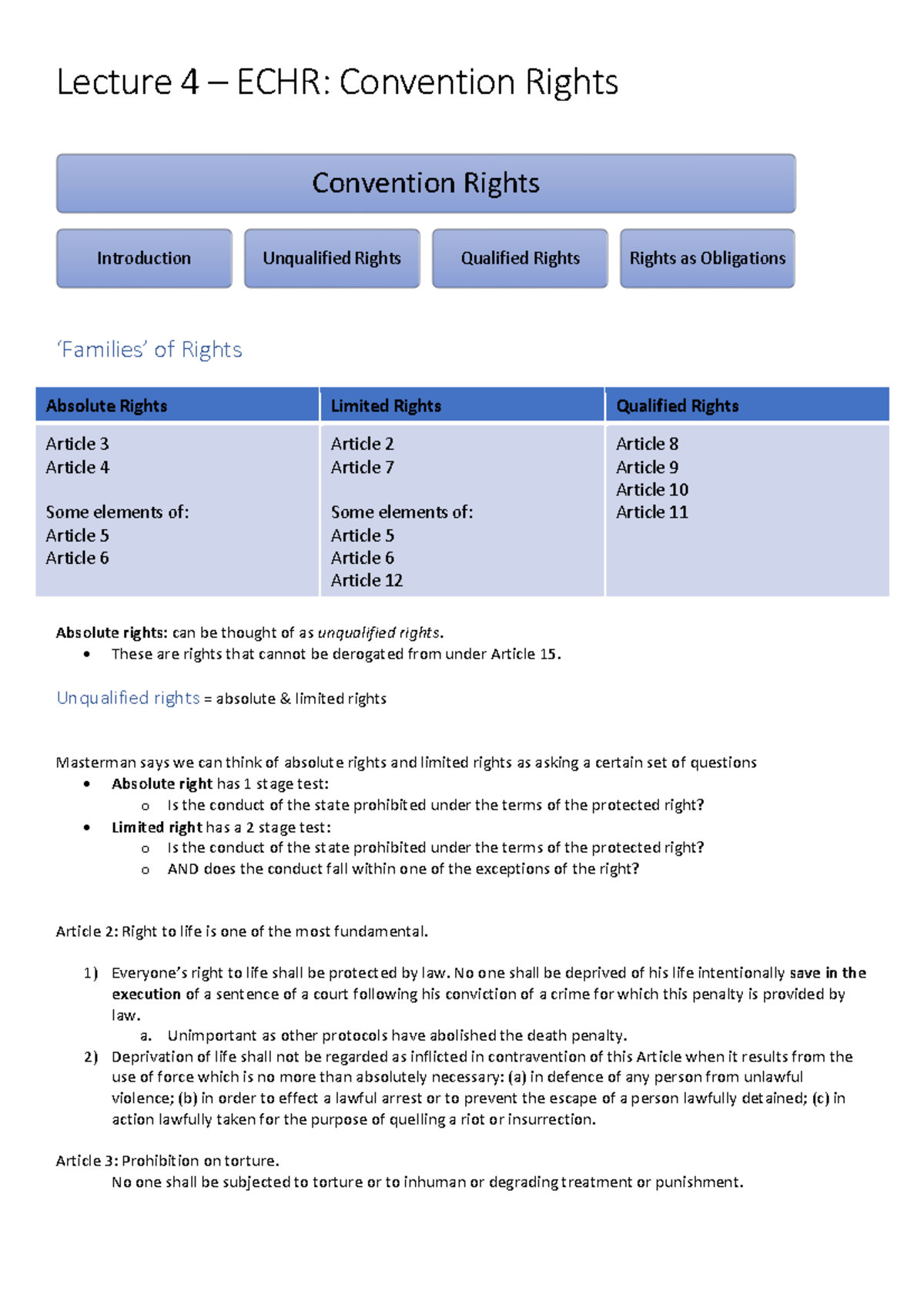 ECHR and Convention Rights Lecture 4 notes - Lecture 4 – ECHR ...