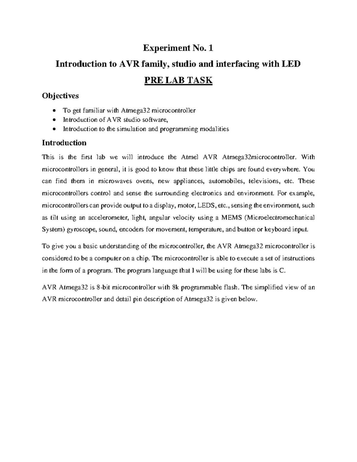 Lab1 - for digital control system lab - Experiment No. 1 Introduction to AVR family, studio and ...