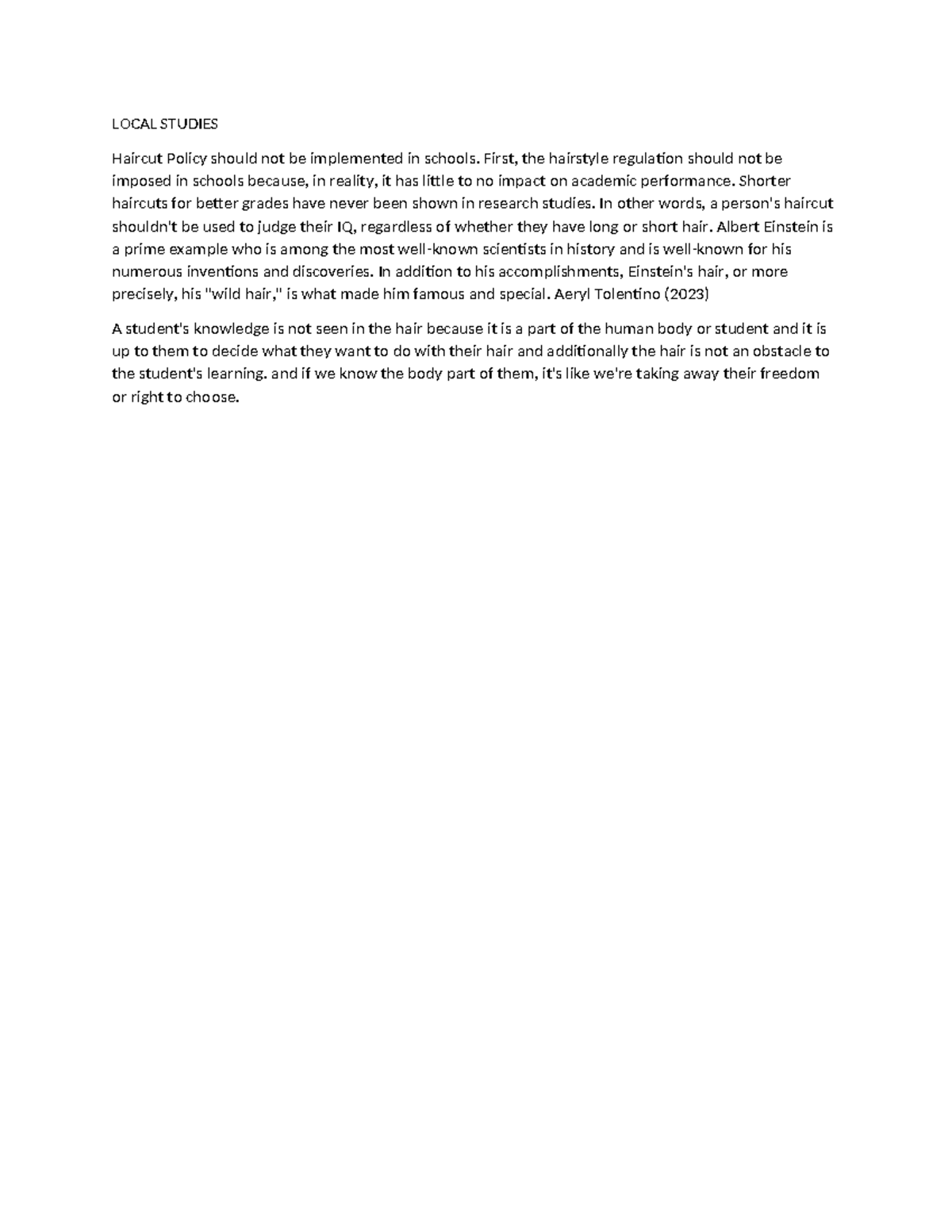 Local Studies - LOCAL STUDIES Haircut Policy should not be implemented ...