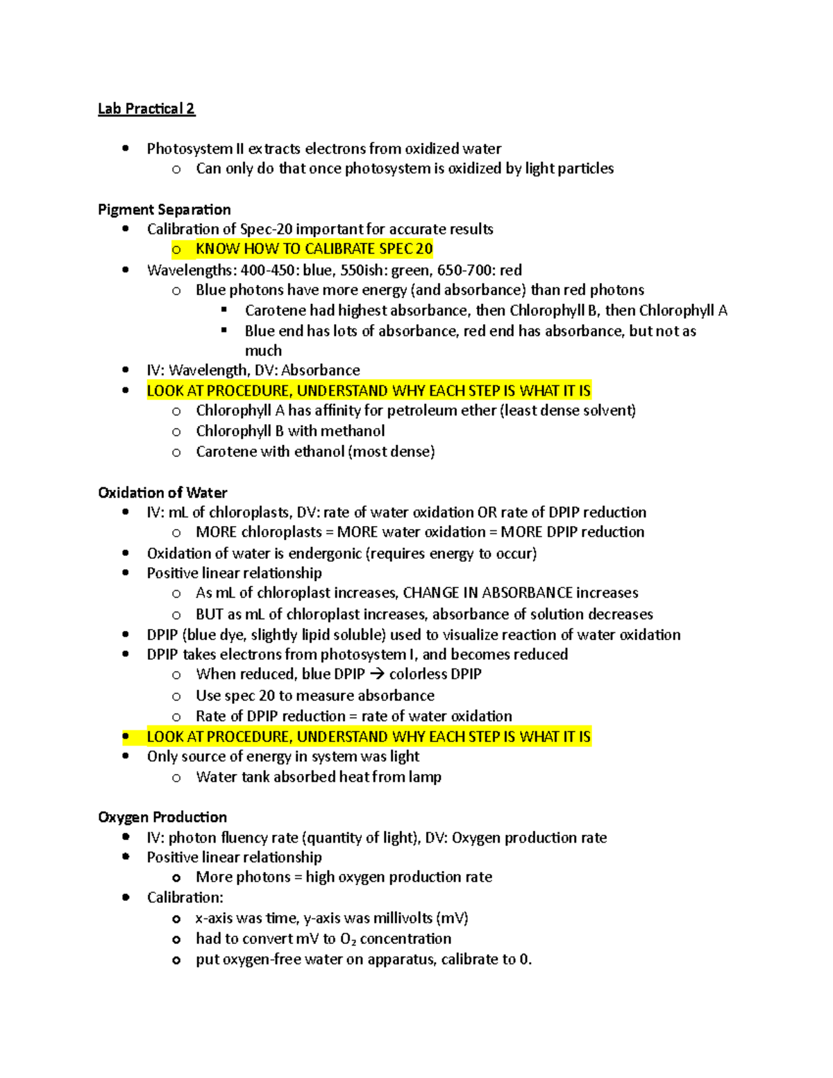 Lab Practical 2 study - Lab Practical 2 Photosystem II extracts ...