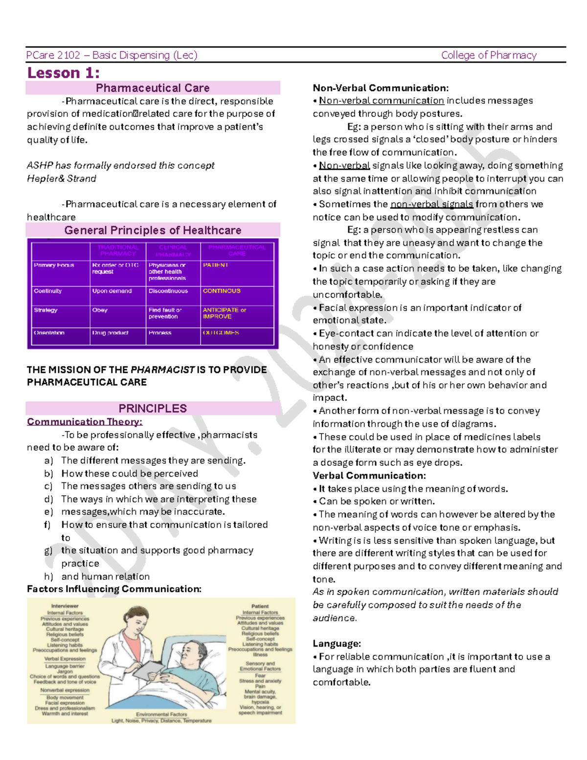 Dispensing 1Prelims Lessons 1-3 - Lesson 1: Pharmaceutical Care Pharmaceutical care is the ...