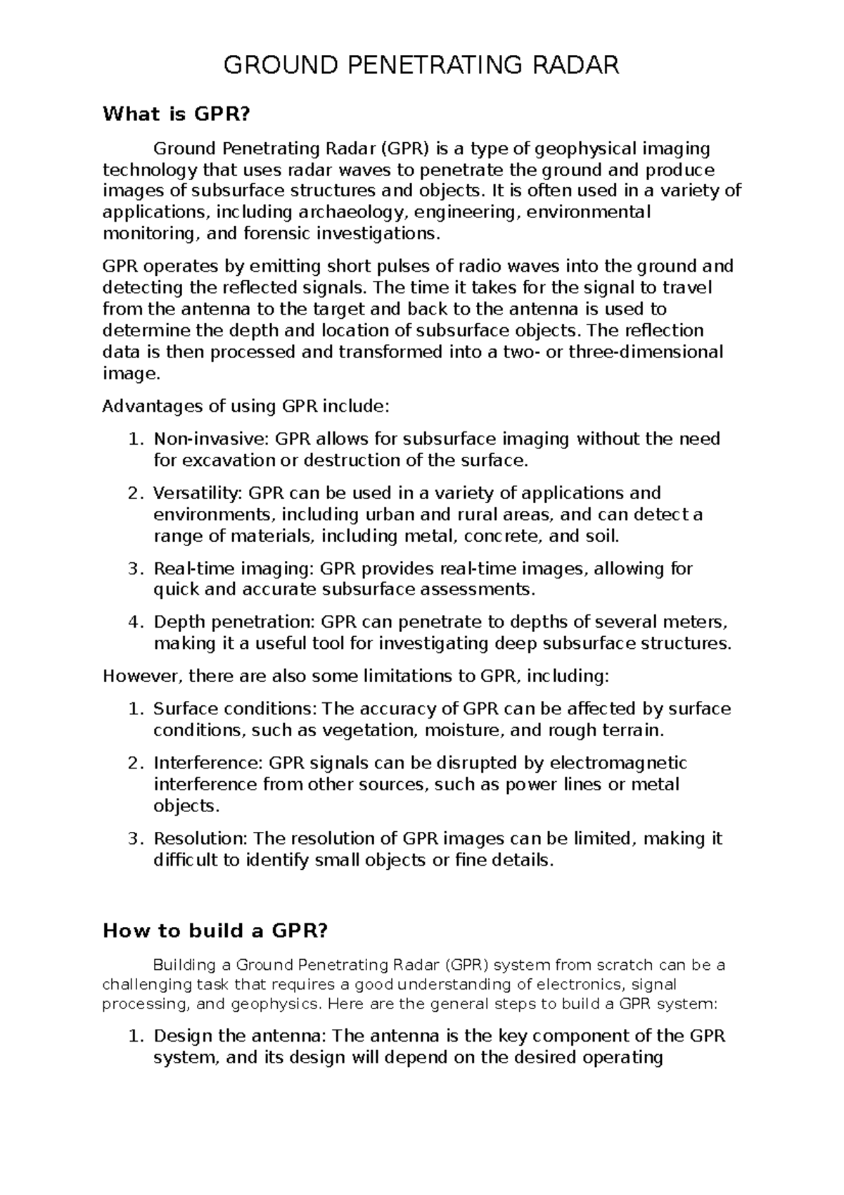 GPR - GROUND PENETRATING RADAR What is GPR? Ground Penetrating Radar ...