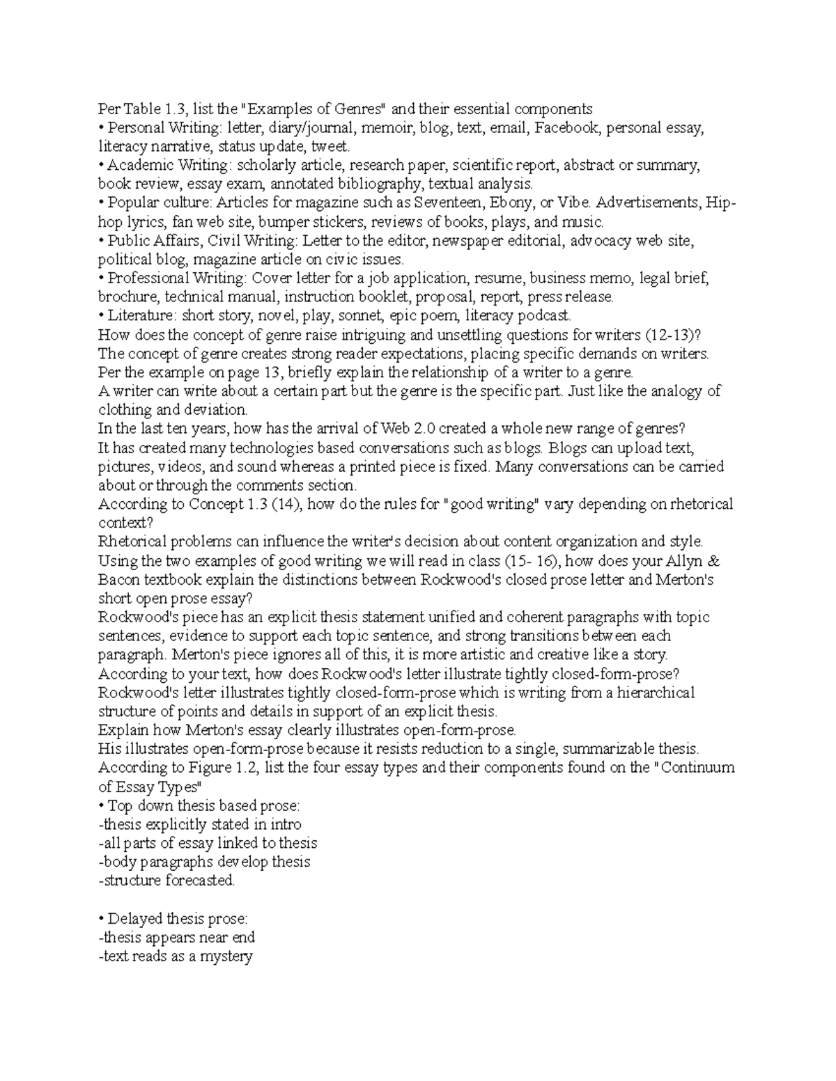 Per Table 1 - ENC 1102 - Per Table 1, list the "Examples of Genres" and ...