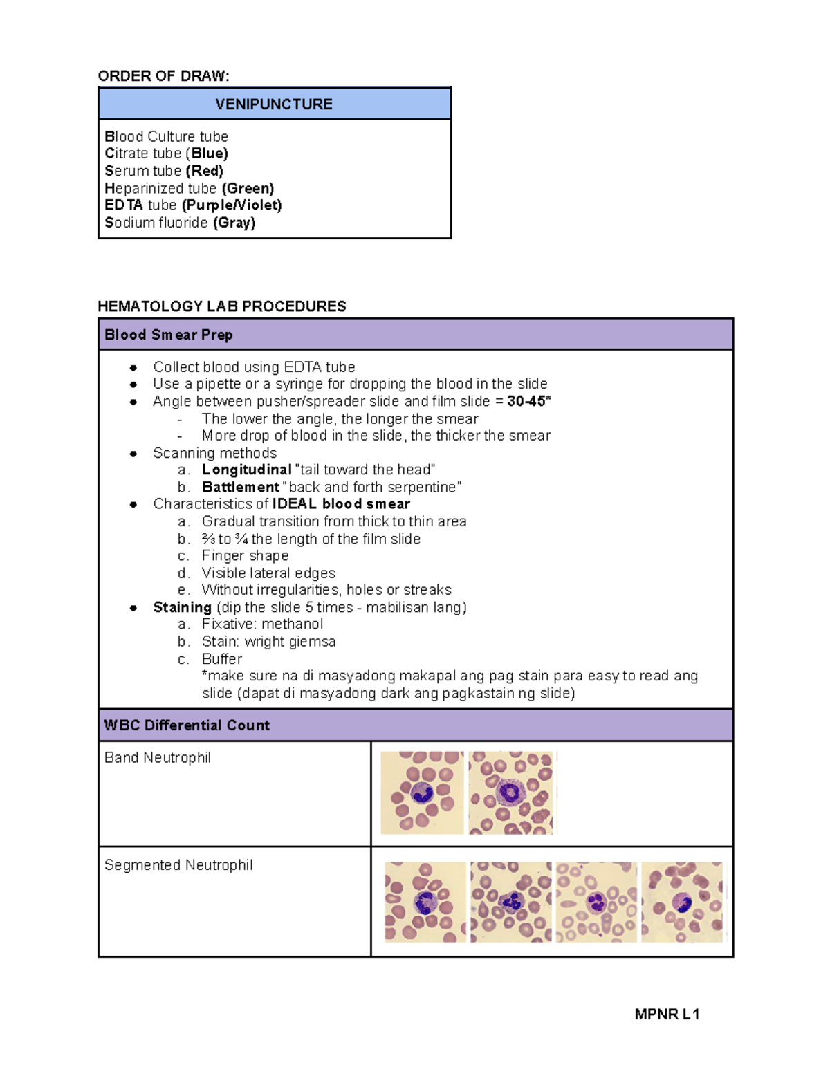 HEMA, CC & Urinalysis LAB Procedure - ORDER OF DRAW: VENIPUNCTURE Blood ...