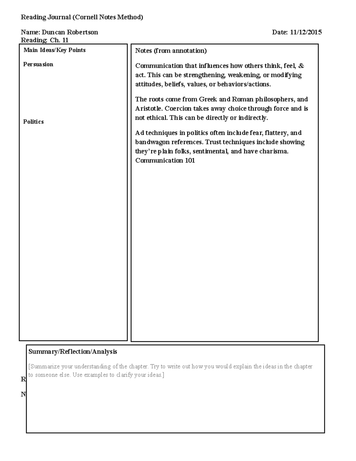 COMM 101 Notes Ch 11-14 - Reading Journal (Cornell Notes Method) Name ...