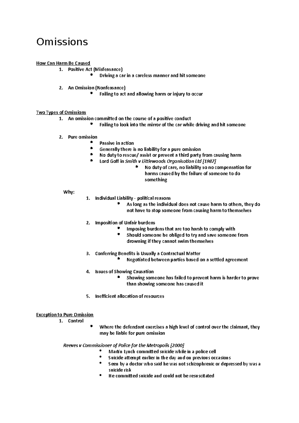 Lecture 2.5 Omissions - Omissions How Can Harm Be Caused 1. Positive ...