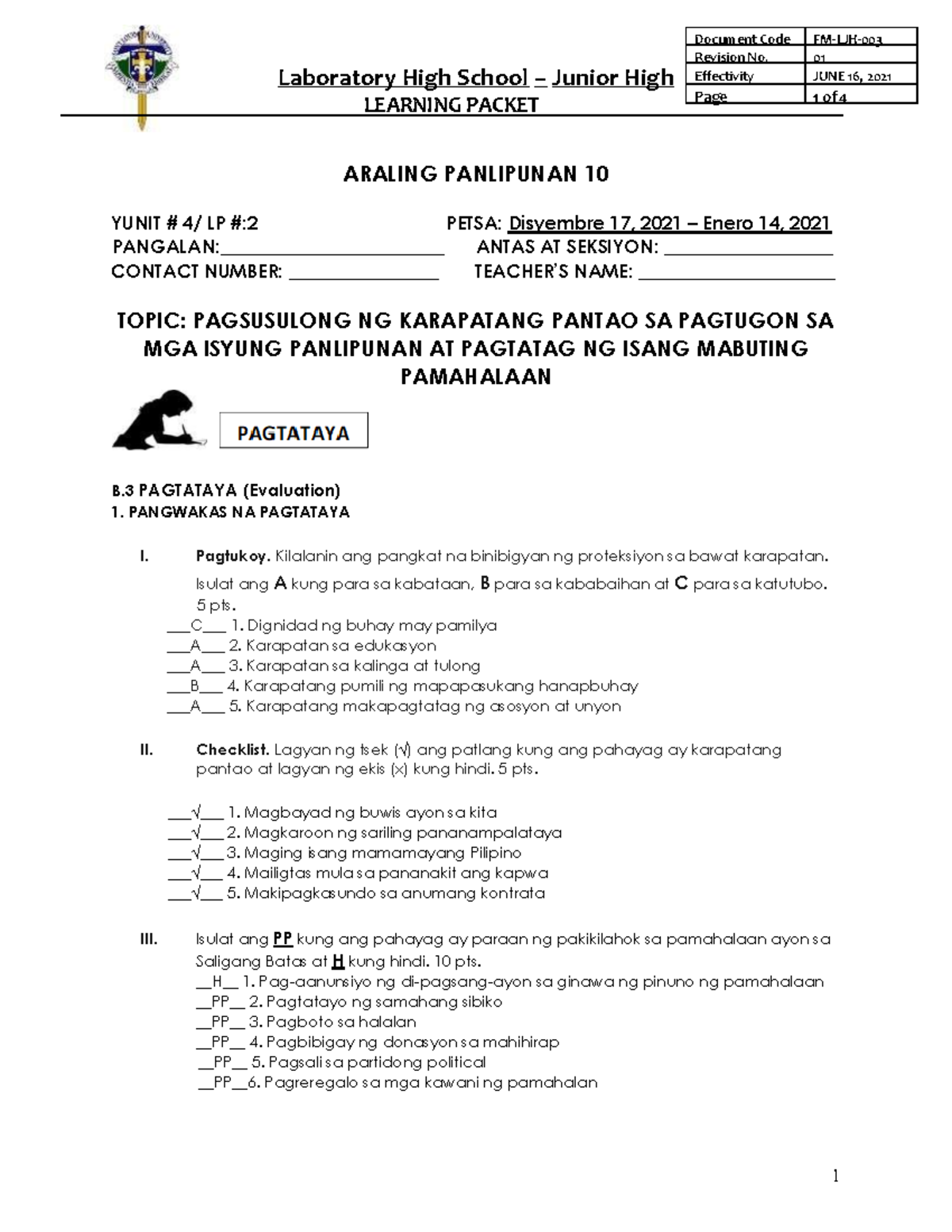 AP Grade 10 UNIT 4 - LP2 Pagtataya - Revision No. 0 1 Effectivity JUNE ...