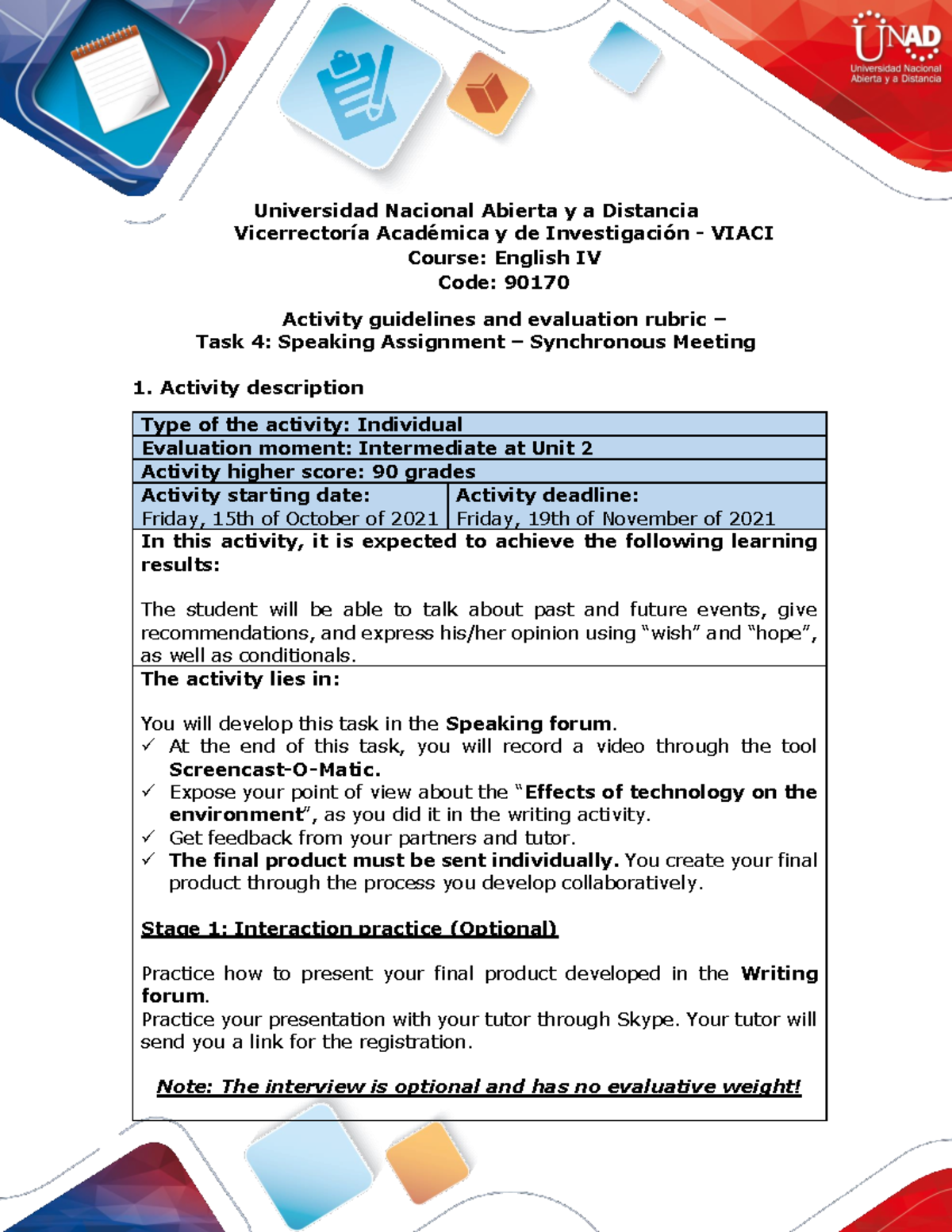 Activity guide and evaluation rubric - Task 4 - Speaking assignment ...