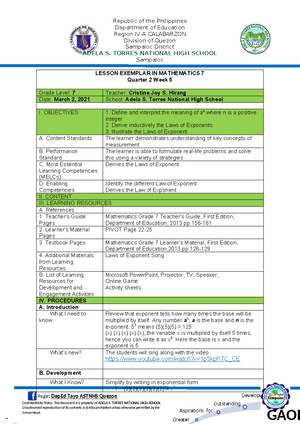 Math 7 - Performance Task for Grade 7 Math - PERFORMANCE TASK GRASPS ...