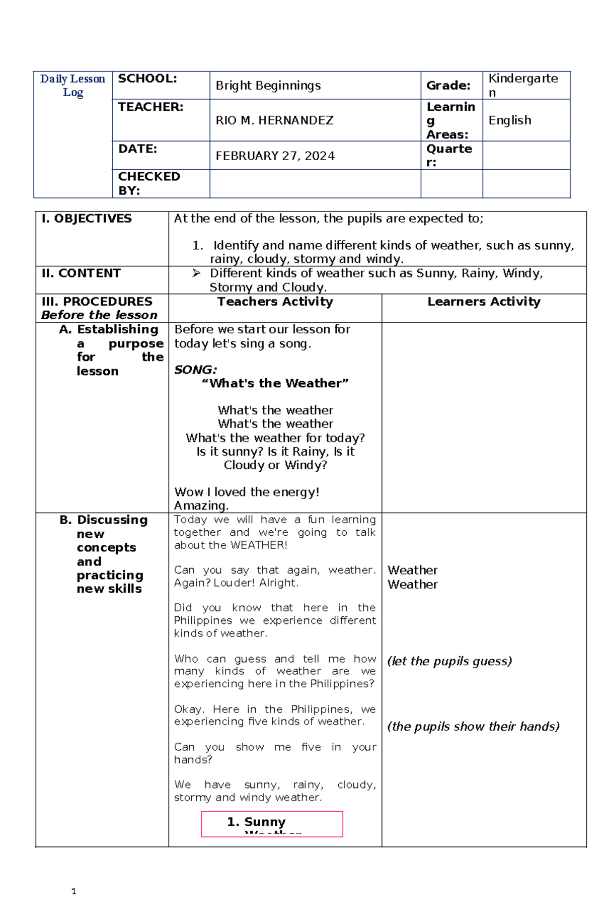 5 Kinds OF Weather - Daily Lesson Log SCHOOL: Bright Beginnings Grade ...