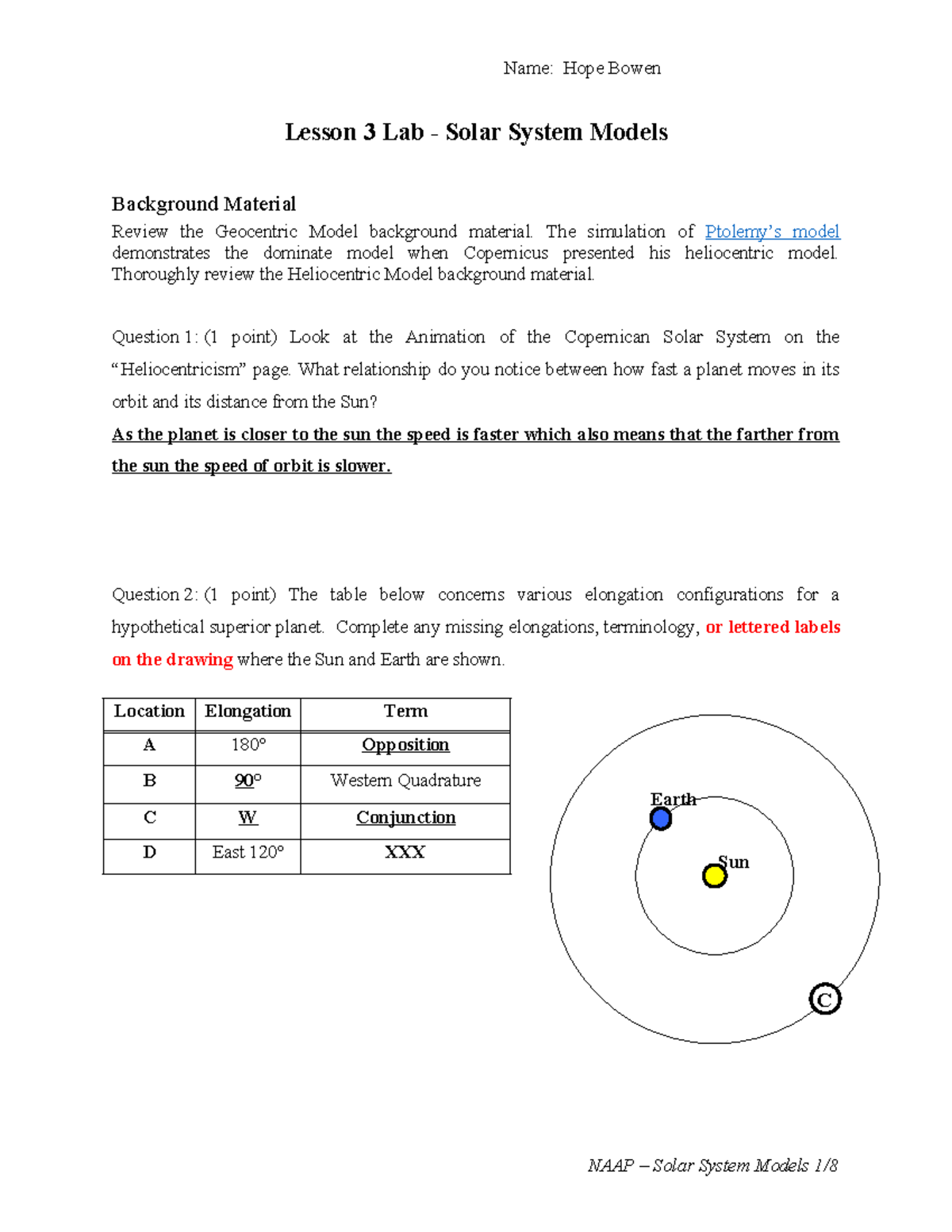 Lesson 3 Lab - Solar System Models Worksheetbowen - C Sun Earth Name ...