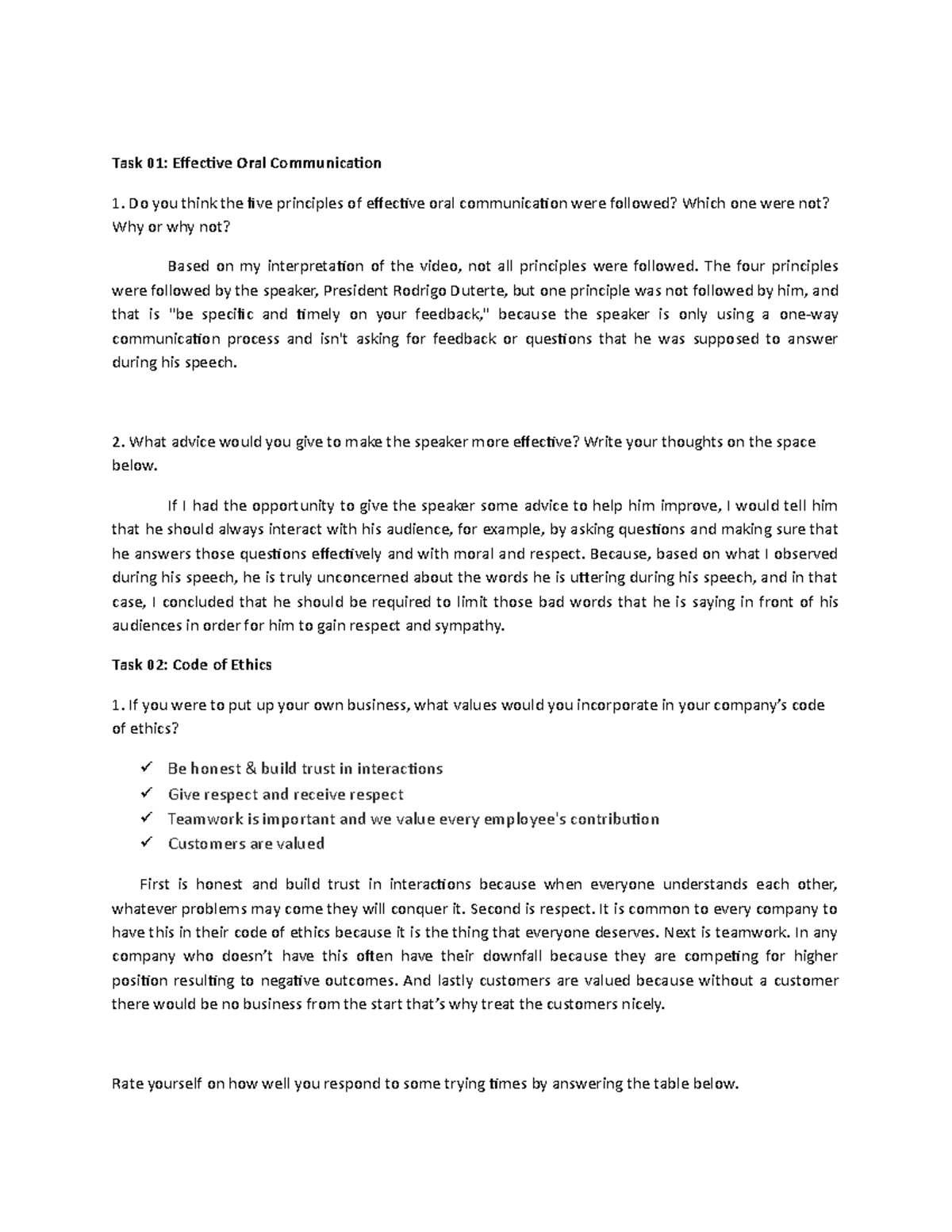 Effective oral communication and code of ethics - Task 01: Effective ...