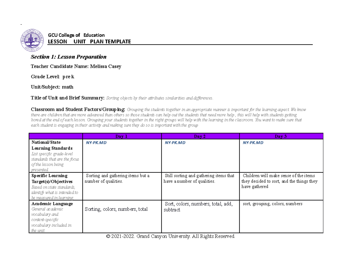3-day unit plan template - Section 1: Lesson Preparation Teacher ...