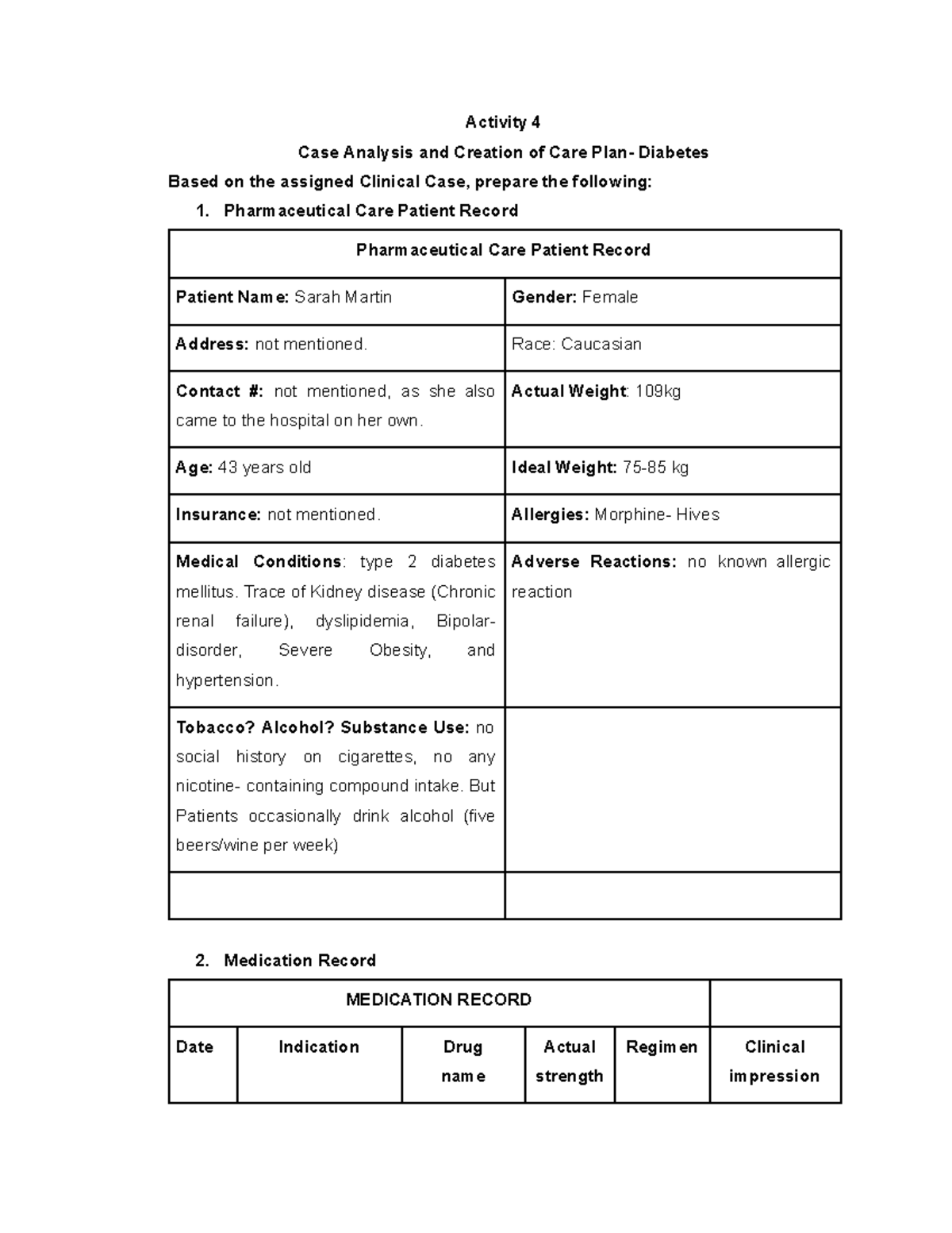 Activity 4 - Activity 4 Case Analysis and Creation of Care Plan ...