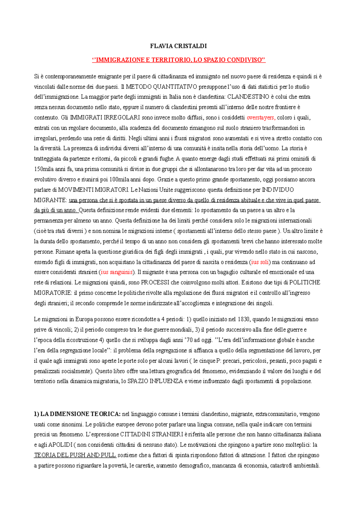 Flavia Cristaldi - riassunto libro - FLAVIA CRISTALDI ‘’IMMIGRAZIONE E ...