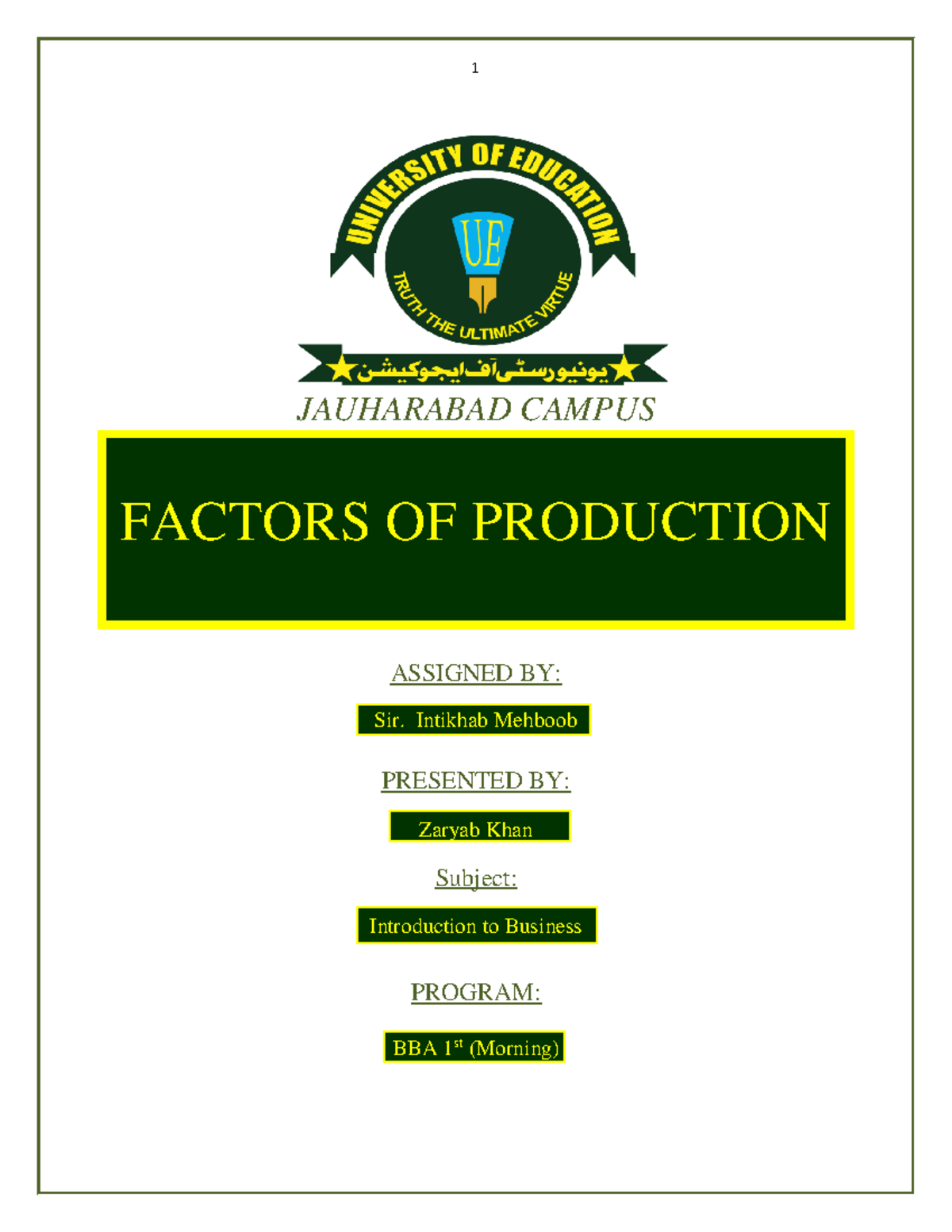 Introduction to business assignment - JAUHARABAD CAMPUS FACTORS OF ...
