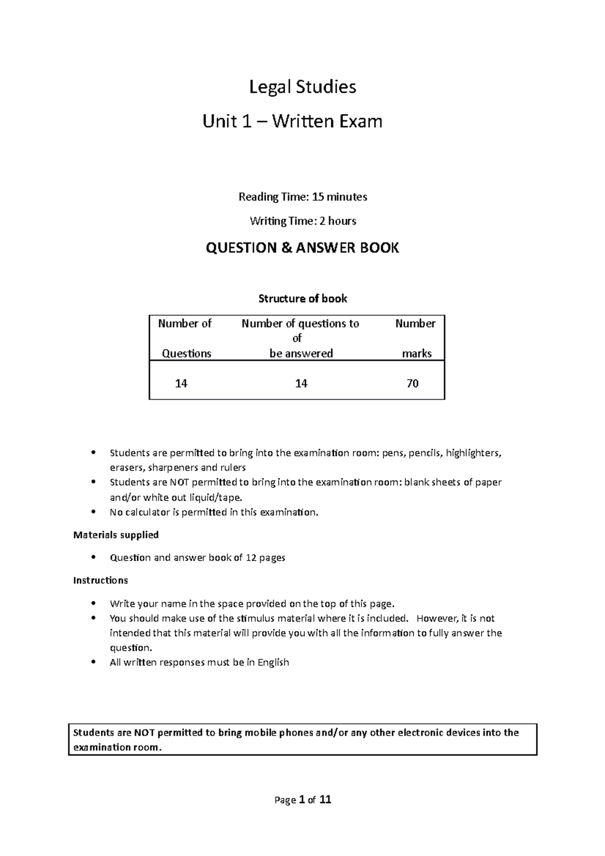 Sample/practice exam 2018 - Legal Studies Unit 1 – Written Exam Reading ...