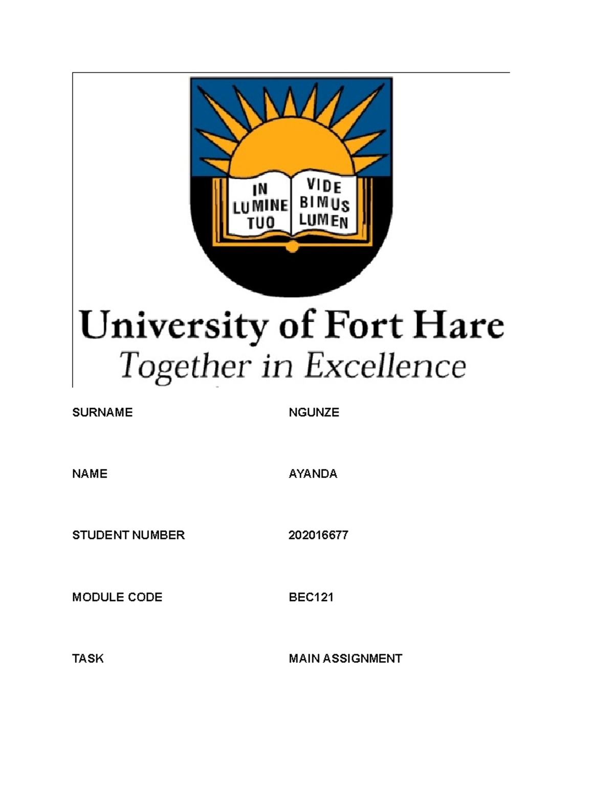 BEC 121 MAIN Assignment Ayanda Ngunze 202016 677 - SURNAME NGUNZE NAME ...