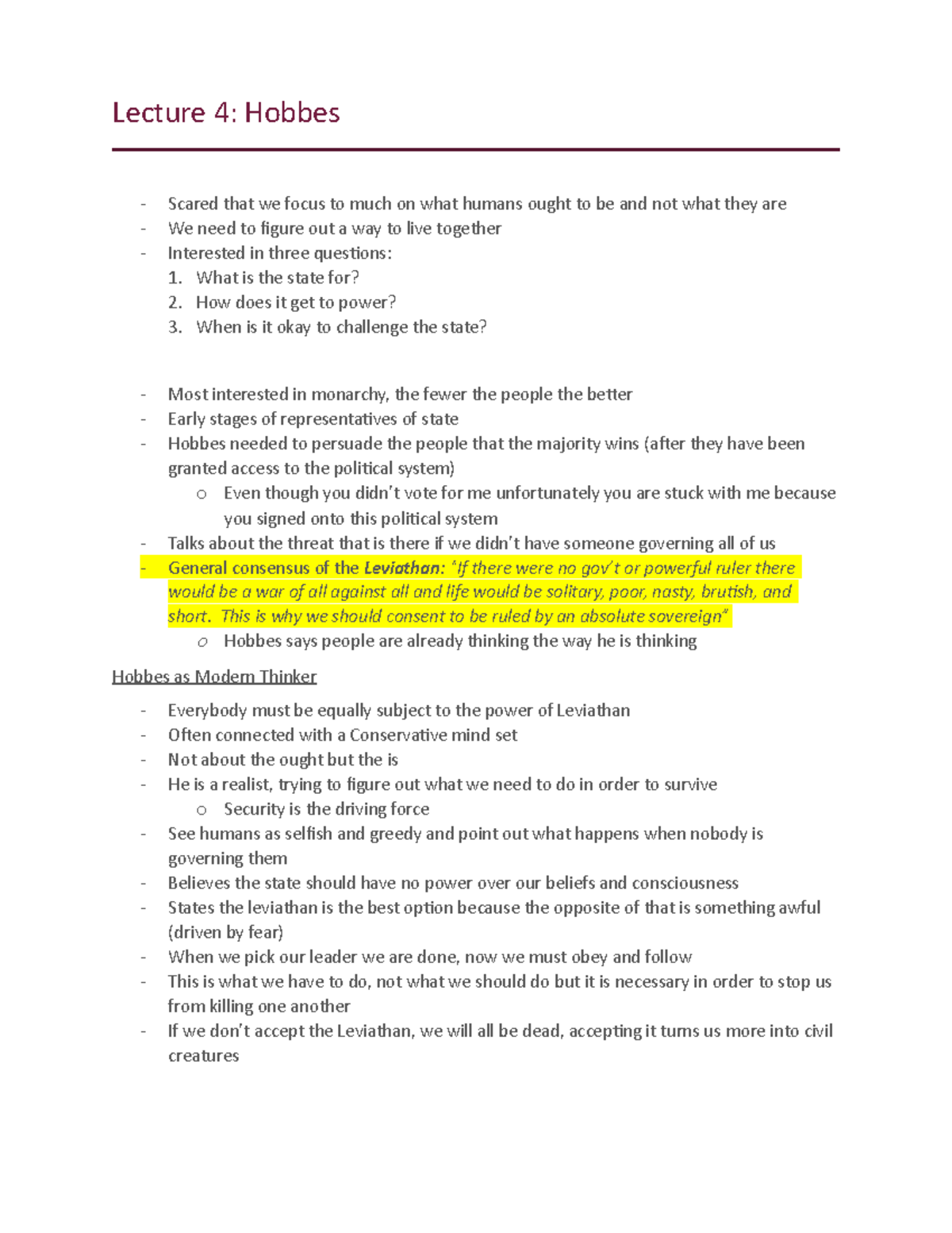 Lecture 4 - Nick Garside - Lecture 4: Hobbes Scared that we focus to ...