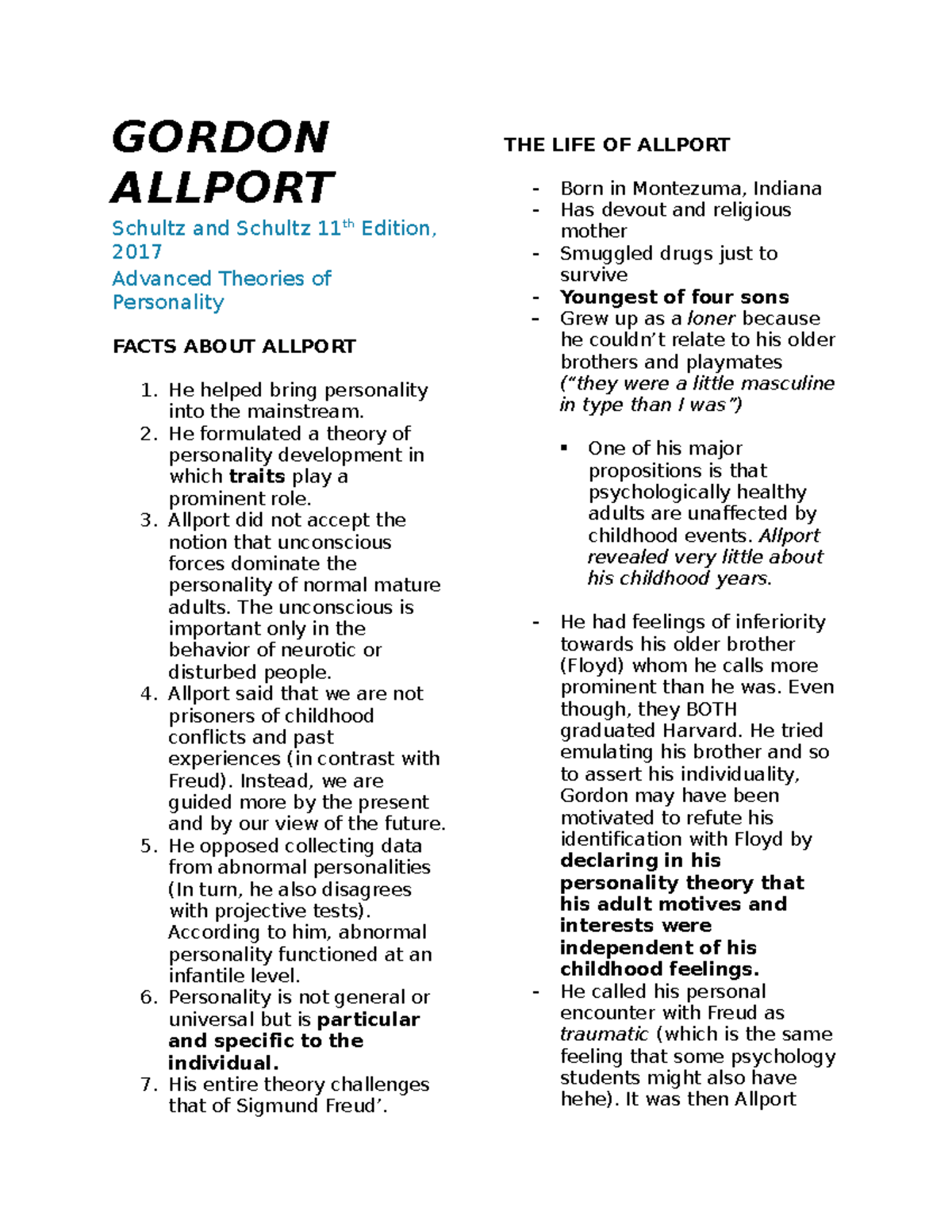 Gordon Allport - TOP - GORDON ALLPORT Schultz and Schultz 11th Edition ...