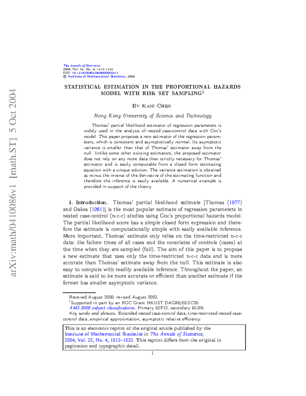 0410086 - Cours - arXiv:math/0410086v1 [math] 5 Oct 2004 The Annals of ...
