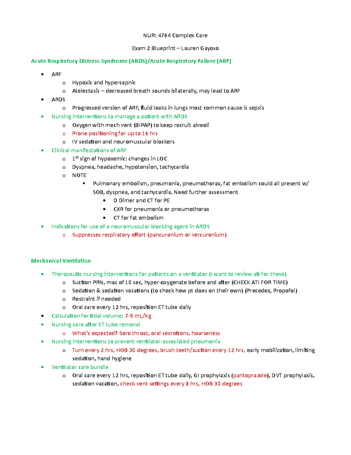 Complex Exam 2 Study Guide - Gayoso - NUR: 4764 Complex Care Exam 2 ...