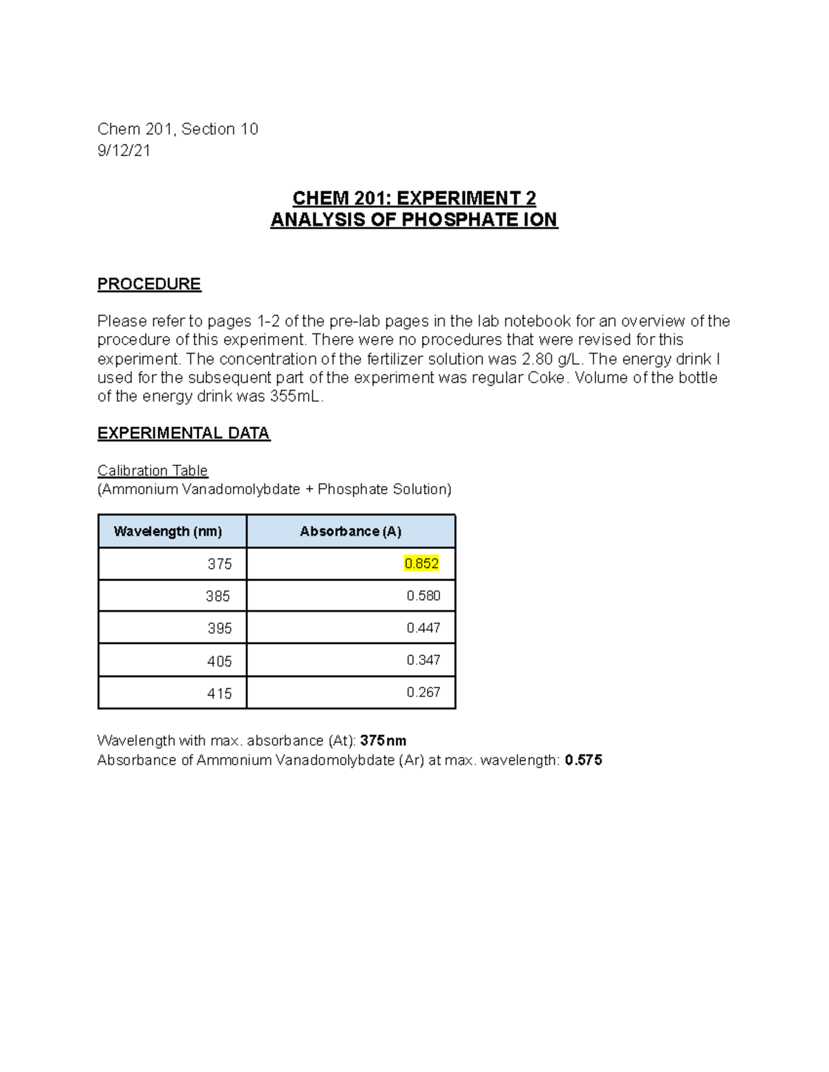 CHEM-201 - Experiment-2 - Chem 201 - SDSU - Studocu