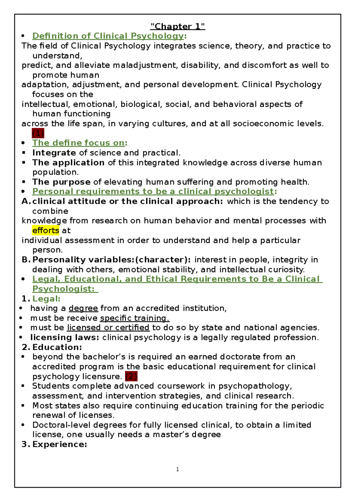 Summary - Lecture notes 8 - "Chapter 1" Deinition of Clinical ...