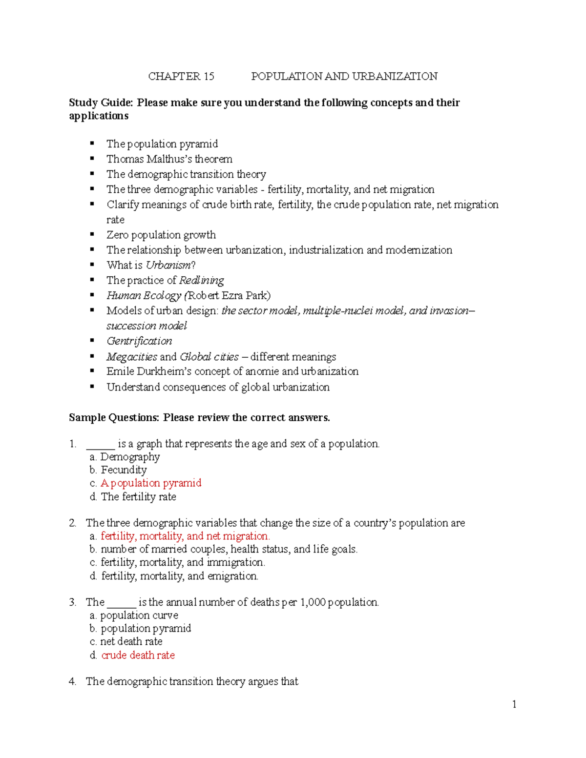 Chapter 15 study guide - CHAPTER 15 POPULATION AND URBANIZATION Study ...