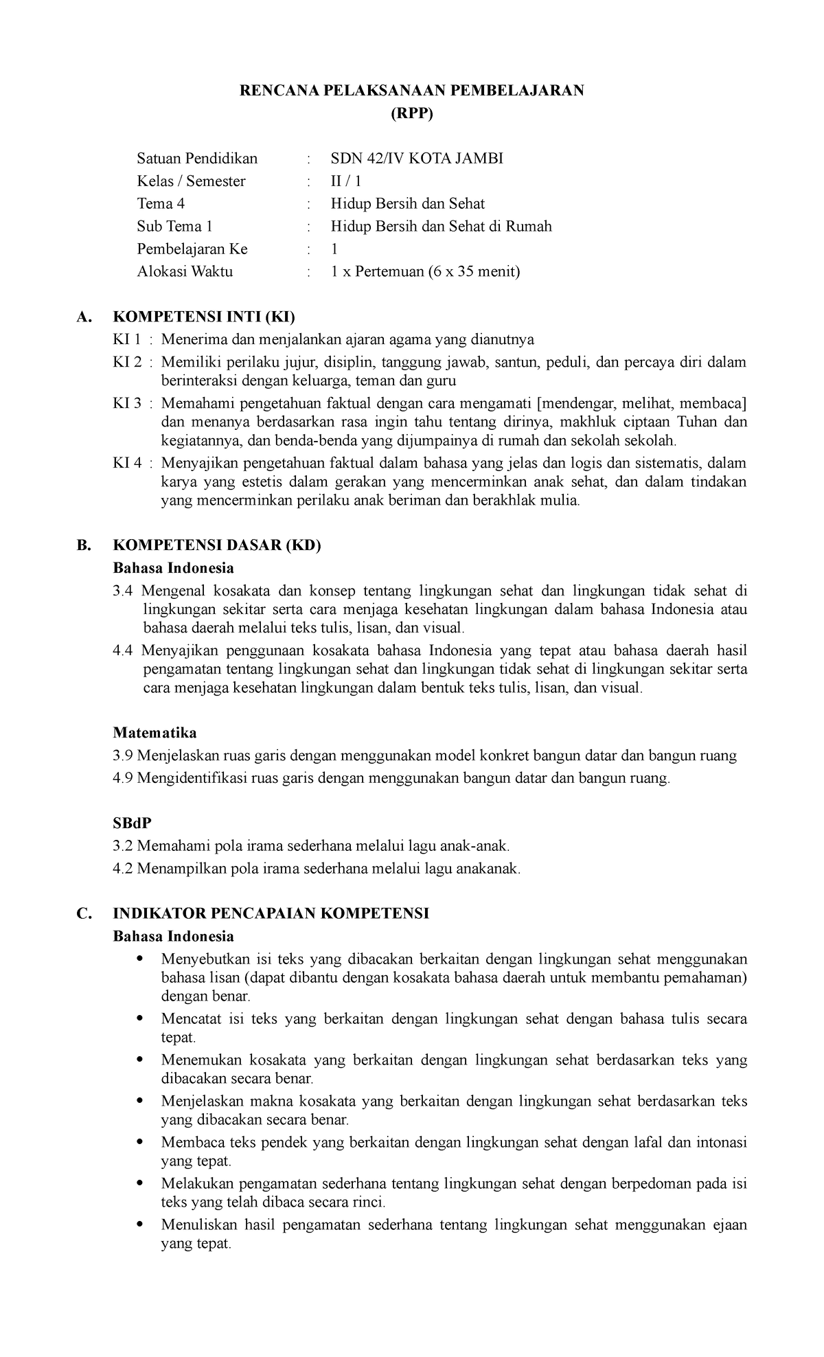 RPP kelas 2 Tema 4 sub 1 - RENCANA PELAKSANAAN PEMBELAJARAN (RPP ...