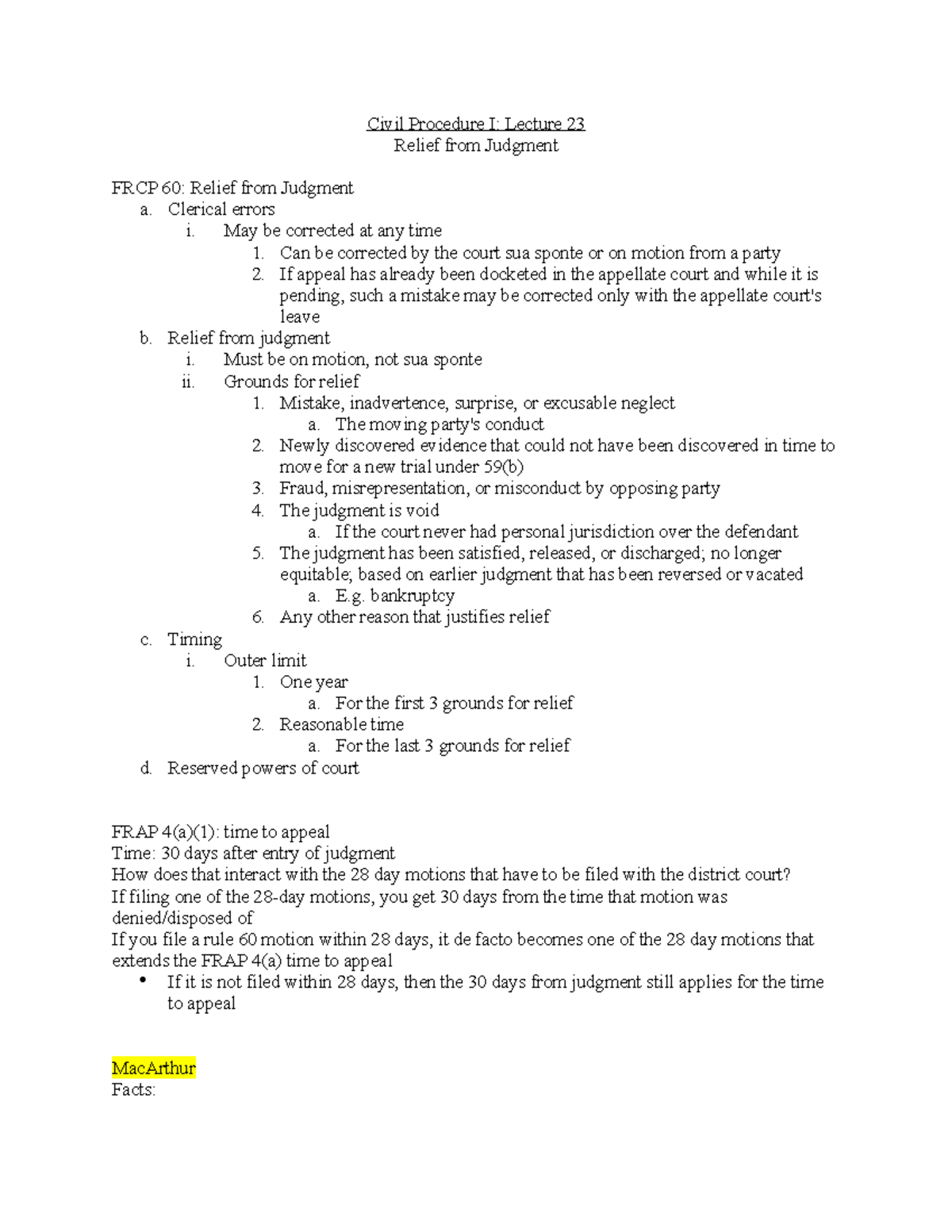 Civil Procedure I- Lecture 23 - Clerical errors i. May be corrected at ...