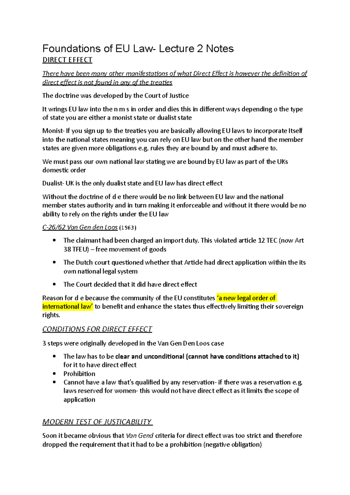 Foundations Of Eu Law Direct Effect Foundations Of Eu Law Lecture 2 Notes Direct Effect