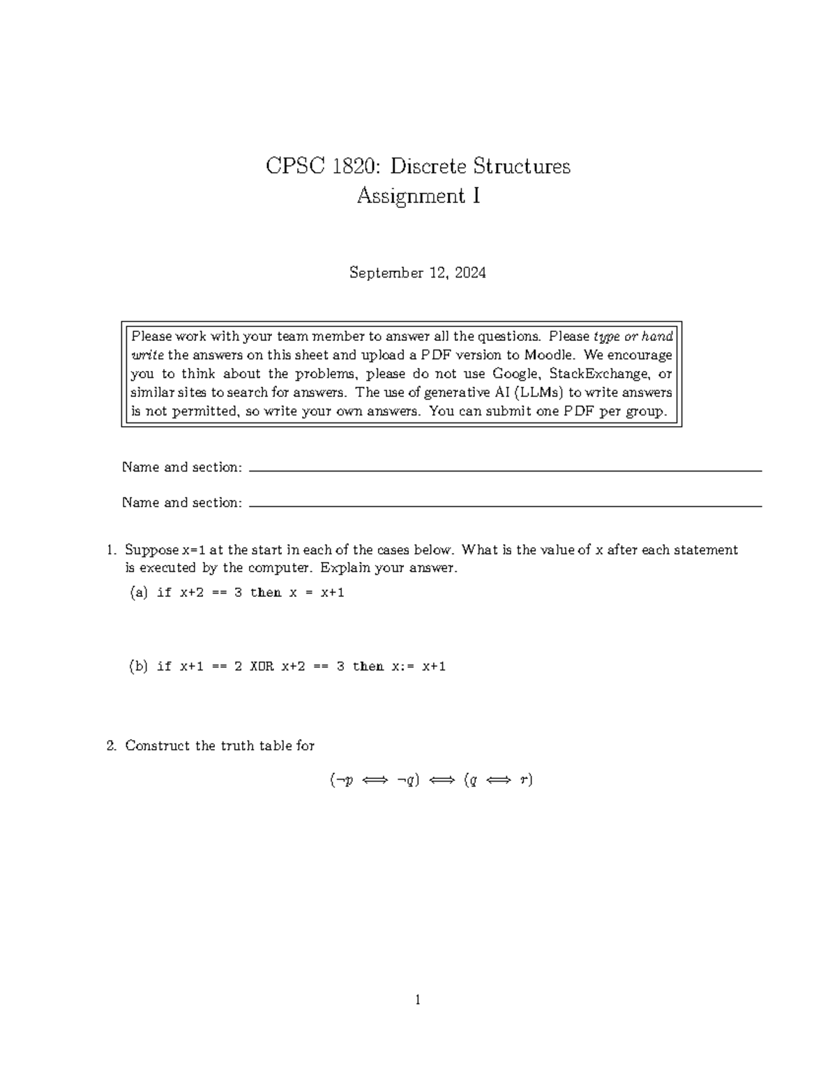 Assn1 - The first assignment of the year - CPSC 1820: Discrete Structures Assignment I September ...