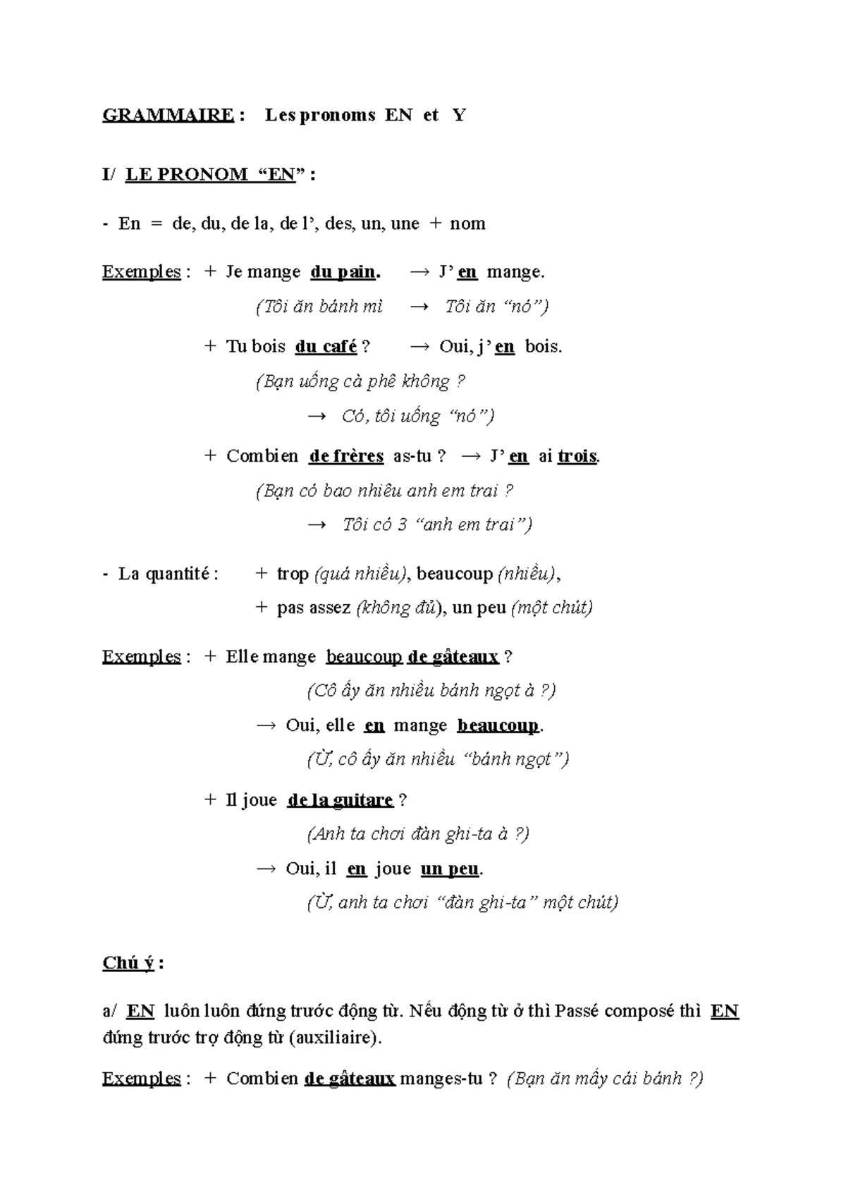 Pronoms Y et EN - Pháp văn - GRAMMAIRE : Les pronoms EN et Y I/ LE ...