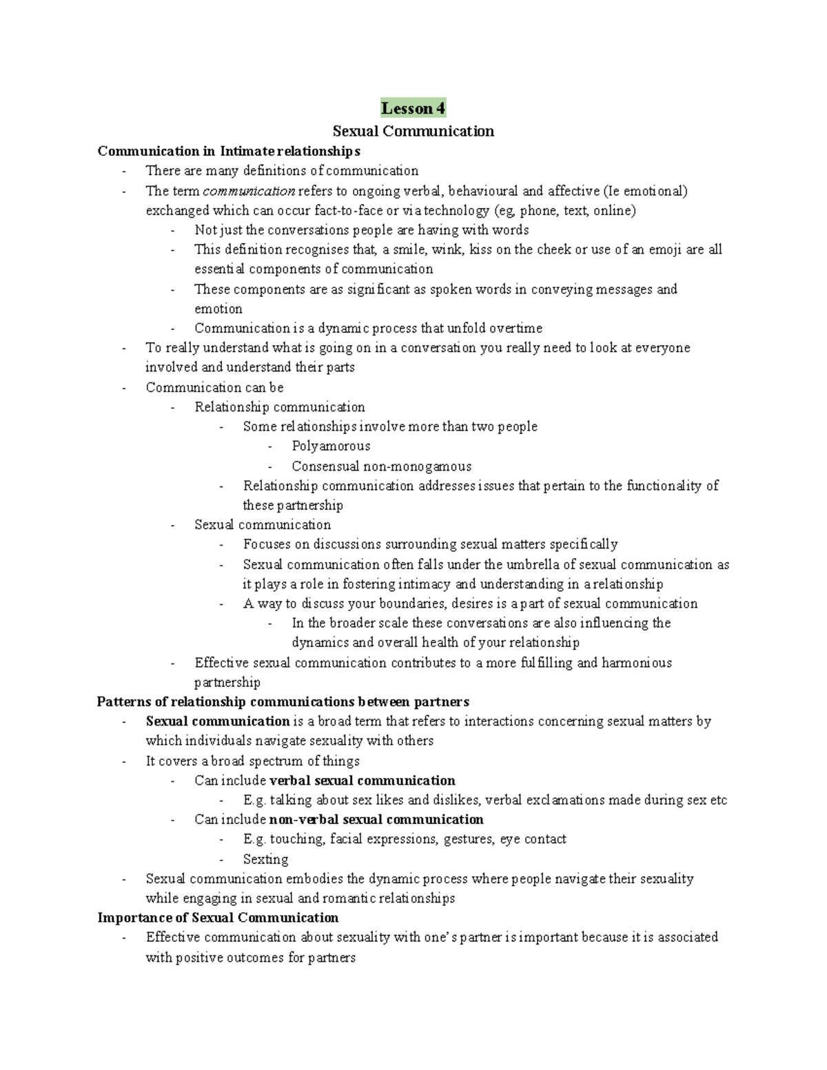 Psych 2076 Midterm 2 Lecture Notes Lesson 4 Sexual Communication