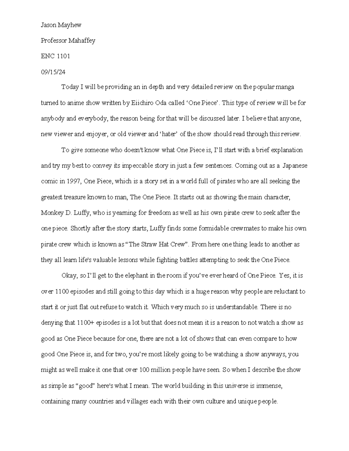 One Piece Review - 43f324fg34fg35 - Jason Mayhew Professor Mahaffey ENC ...