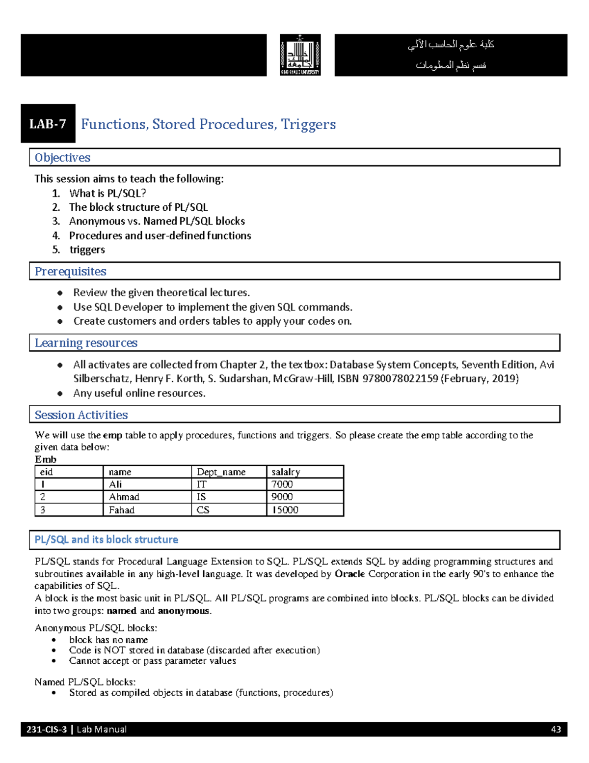 Lab-7 - Department of Information Systems 0'GوF?GF' Gنظ G7ق LAB-7 Functions, Stored Procedures ...