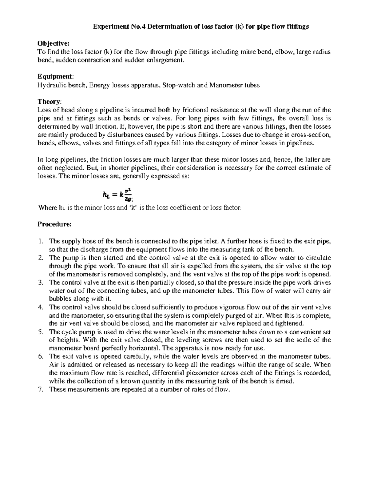 Experiment No 4 Determination Of Loss Factor For Pipe Flow Fittings