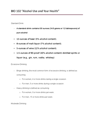 BIO 102 Alcohol's Effect on Body Notes - BIO 102: Alcohol’s Effects on ...