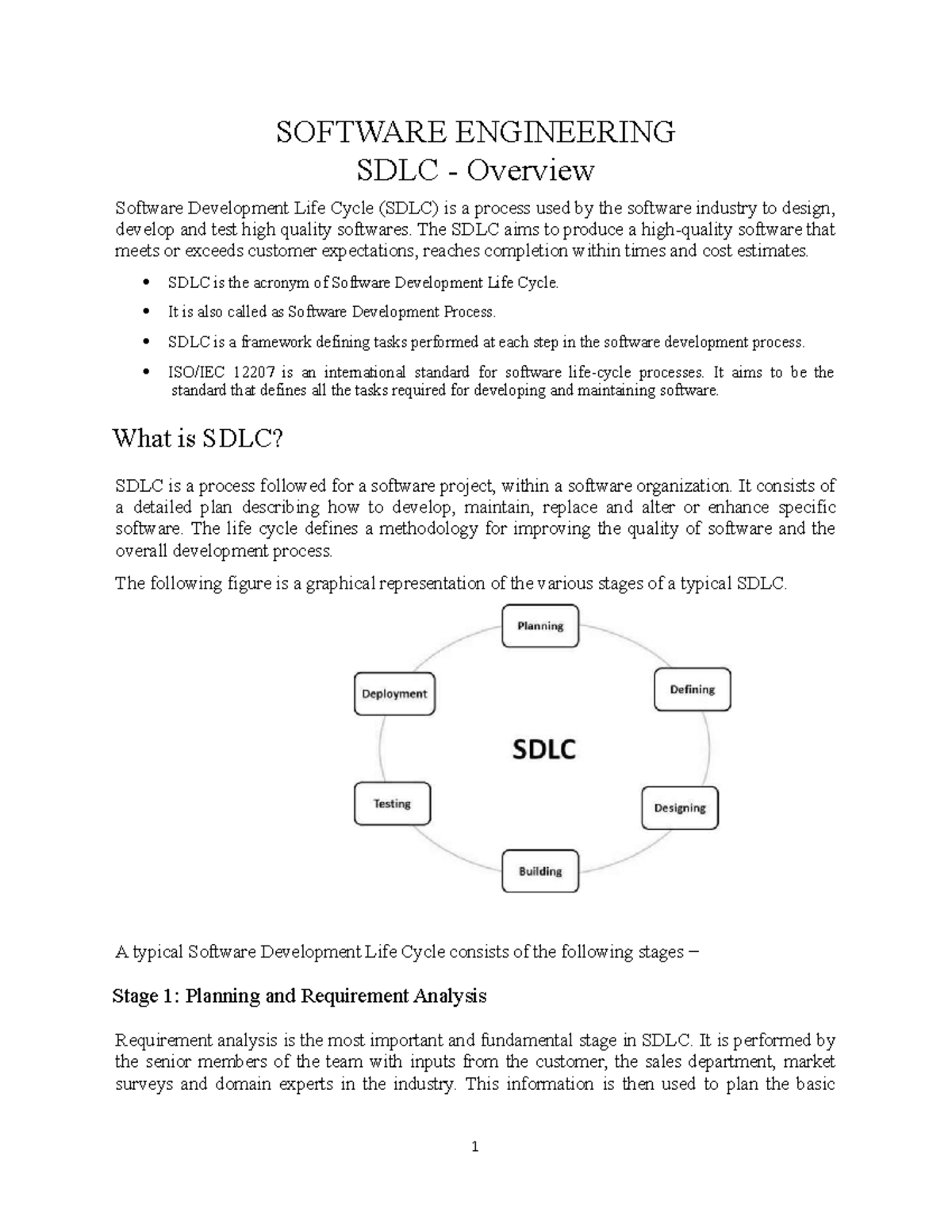 Software Engineering 1 - SOFTWARE ENGINEERING SDLC - Overview Software ...