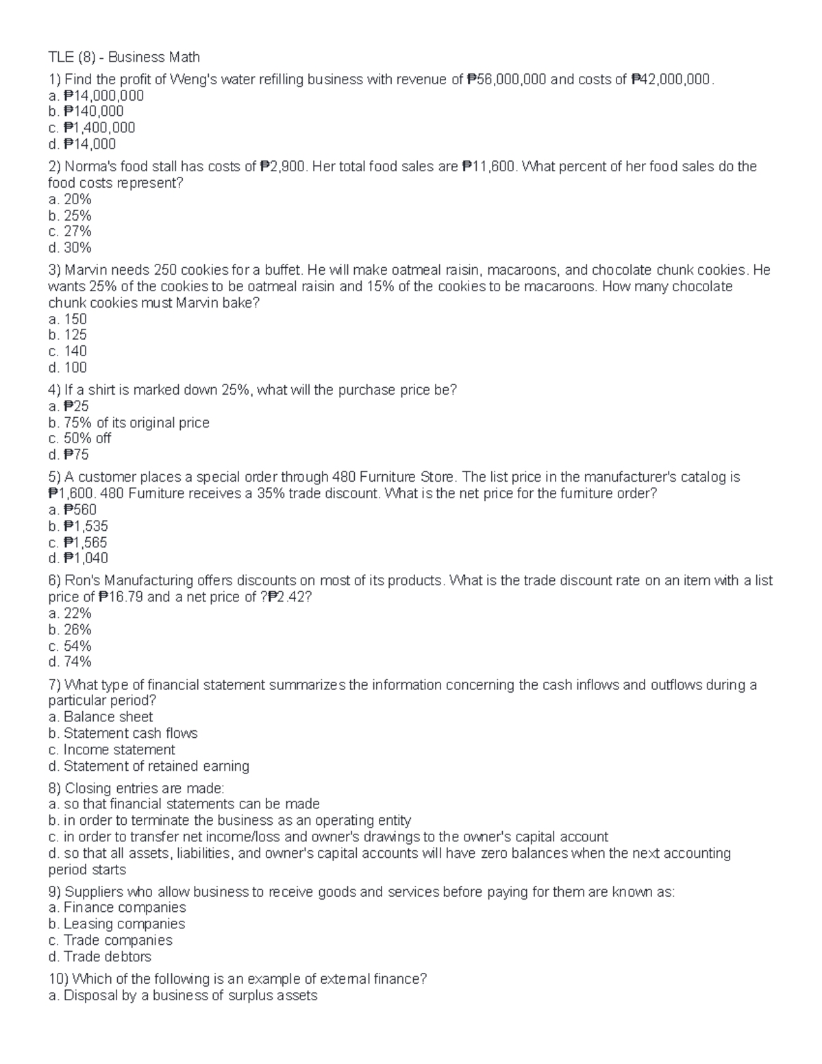 Bussiness math - Set1 - TLE (8) - Business Math Find the profit of Weng ...