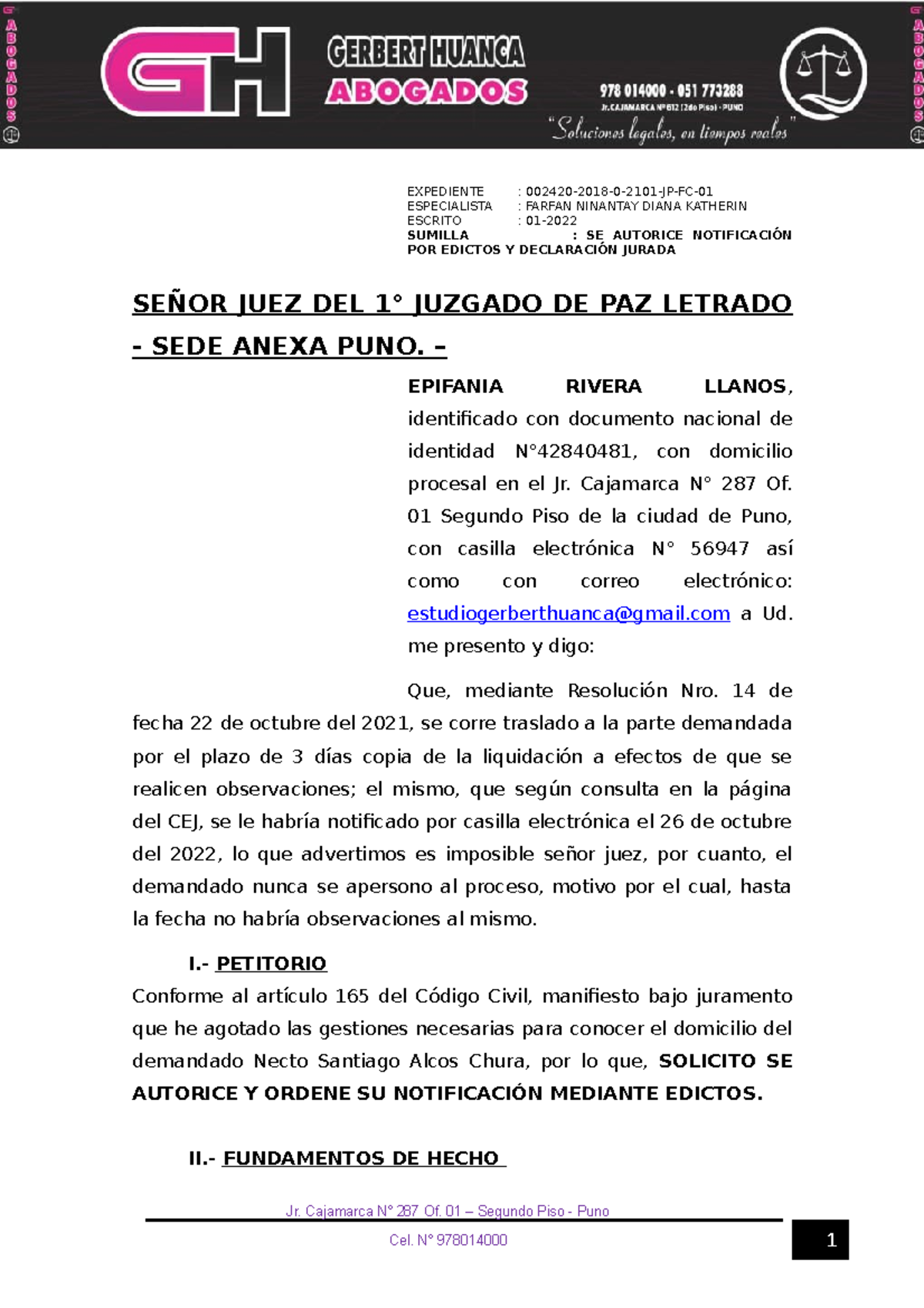 Solcito Notificación POR Edictos - EXPEDIENTEESPECIALISTA : 002420-2018-0-2101-JP-FC-01: FARFAN ...