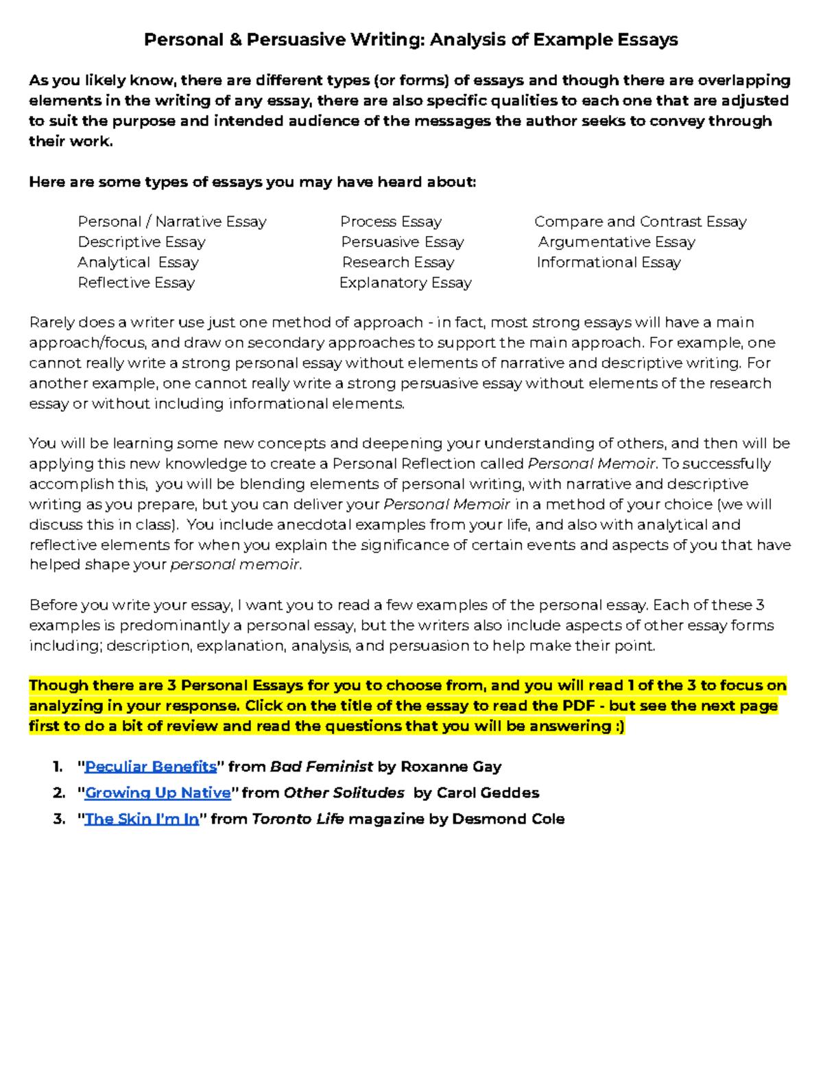 Copy of 3 - Analysis of Example Essays - Personal & Persuasive Writing ...